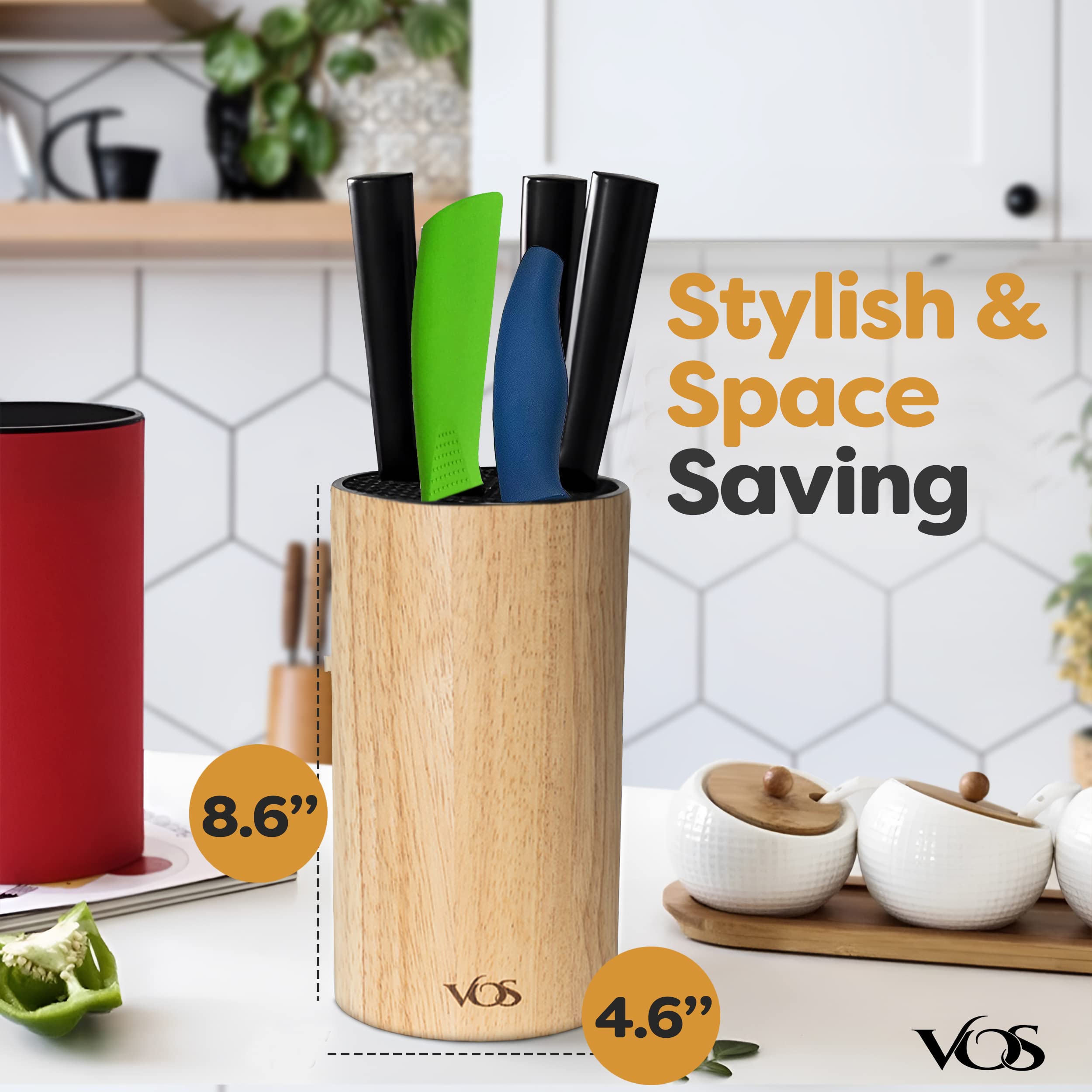 Vos Universal knife Block and Ceramic Kitchen Knives With Peeler, Ceramic Paring Knife 3", 4", 6", Inch Black