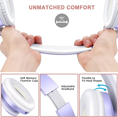 ZIHNIC Bluetooth Headphones Over-Ear, Foldable Wireless and Wired Stereo Headset Micro SD/TF, FM for Cell Phone,PC,Soft Earmuffs &Light Weight for Prolonged Wearing (Purple)