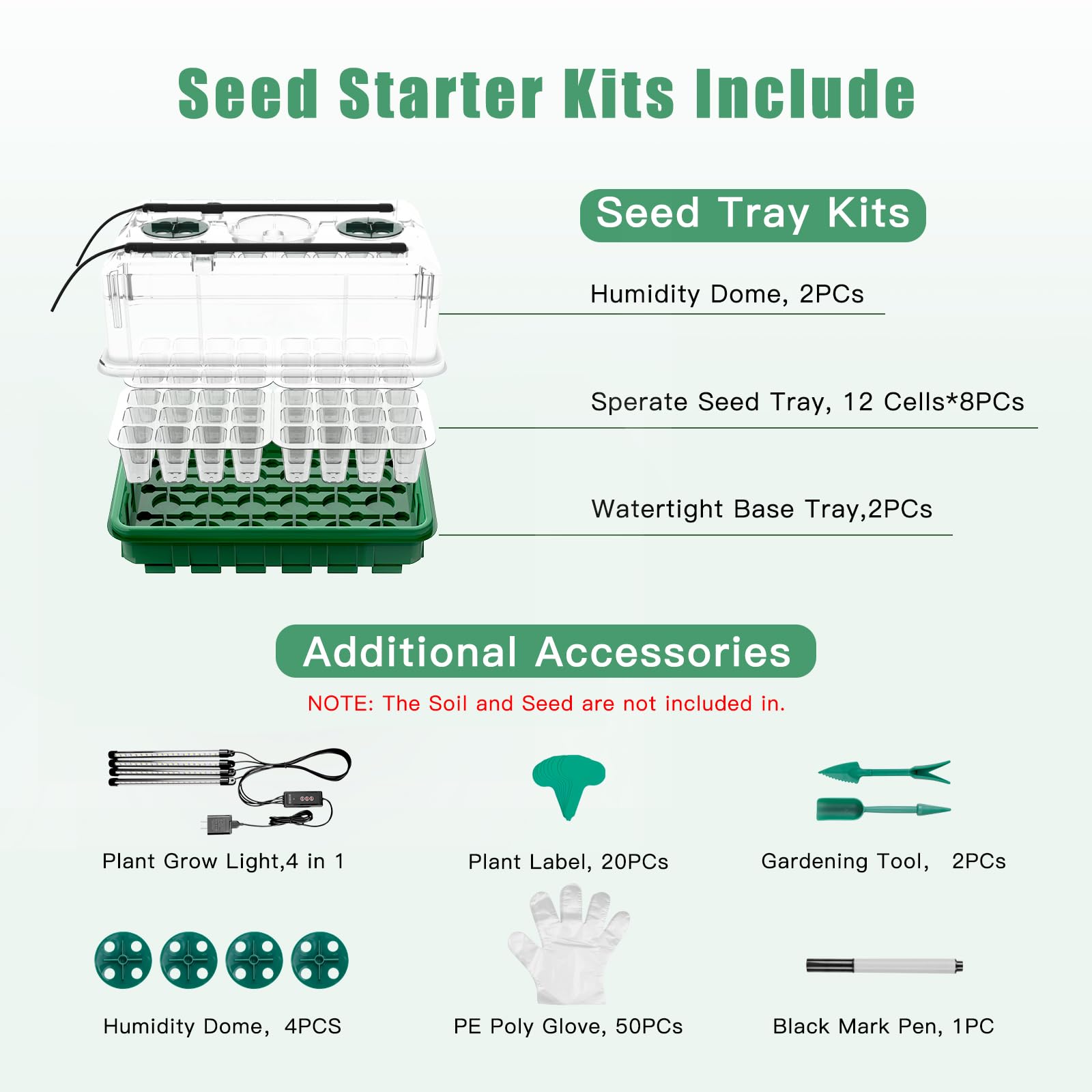 ZMHOO 2PCs Seed Starter Trays with Humidity Domes 96 Cells Seedling Starter Kit with Adjustable Grow Light Plant Starter Kit&Base with 2 Garden Tools&20 Plant Labels Mini Greenhouse Germination