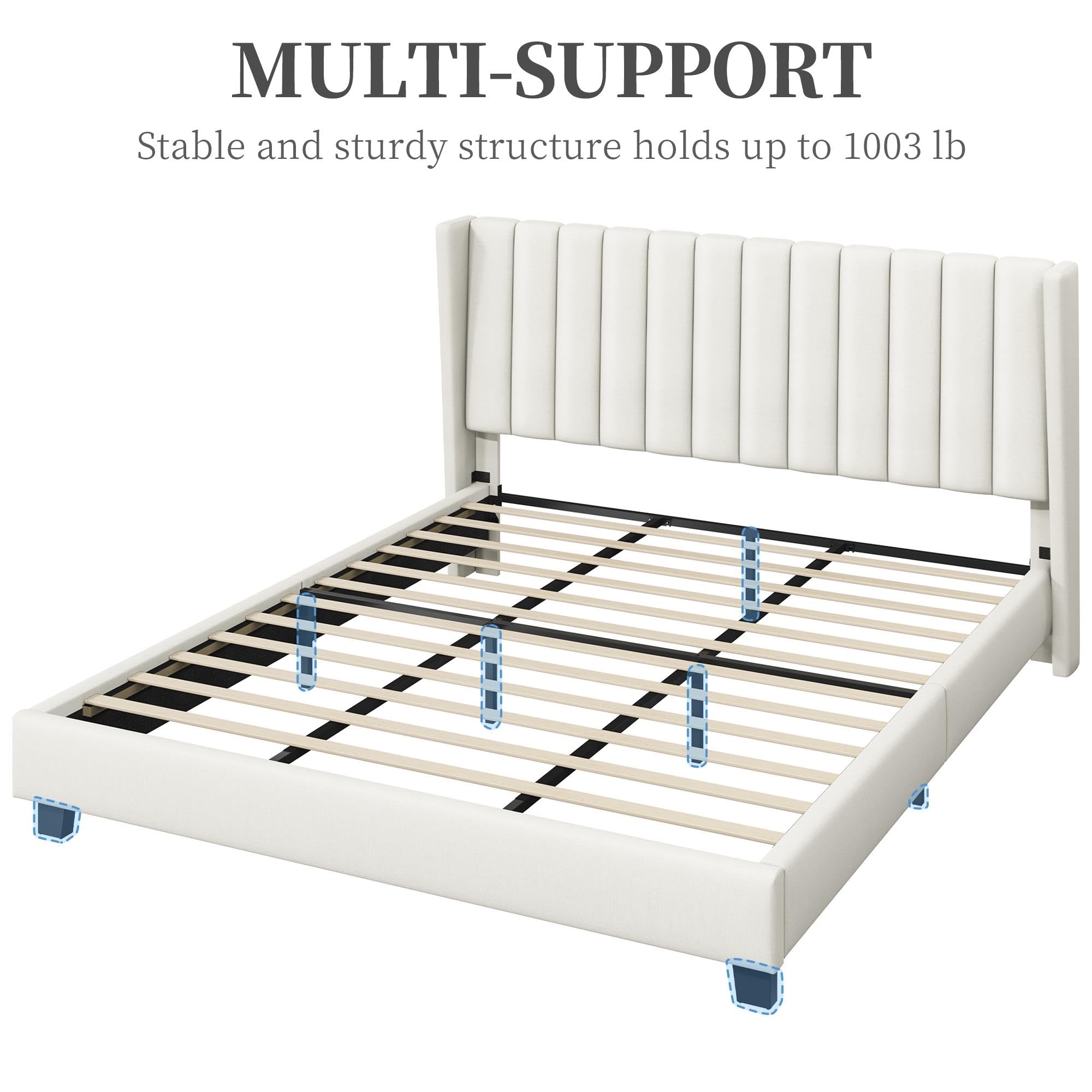 Yaheetech King Bed Frame Upholstered Platform Bed with Fabric Headboard, Wing Edge Design/Non-Slip and Noise-Free/Wooden Slats Support/No Box Spring Needed/Easy Assembly, Beige King Bed