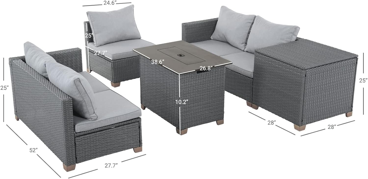 Yangming 7 Piece Patio Furniture Gas Sectional Sofa Sets with Fire Pit Table and Outdoor Storage Box for Backyard Garden Poolside, Gray