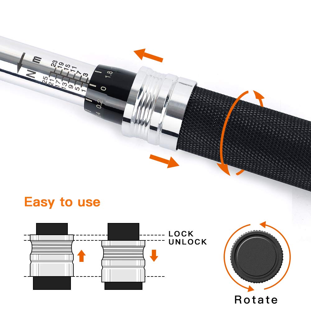 YOLEO 1/4 Inch Drive Click Torque Wrench Set, 1-25 Nm/ 9-221 in.-lb., Aluminum, Silver, Black