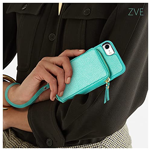 ZVE Wallet Case for iPhone SE 2022 for iPhone 8 and iPhone 7, 4.7 inch, Zipper Wallet Case with Credit Card Holder Slot Handbag Purse Wrist Strap Protective Case for iPhone 8/7/SE, 4.7 inch - Blue