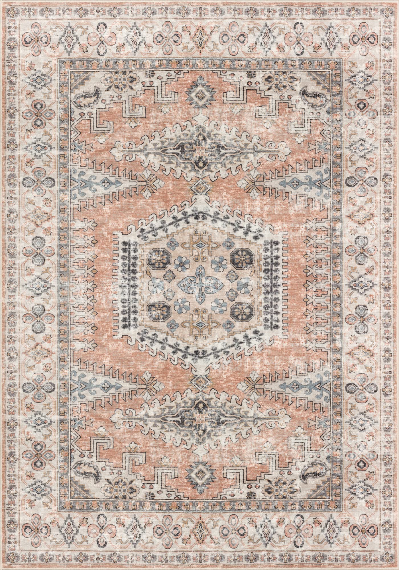 Valenrug Washable Area Rug 6x9 - Ultra-Thin Antique Collection, Stain Resistant Rugs for Living Room Bedroom, Distressed Vintage Rug(Peach/Yellowish, 6'x9')