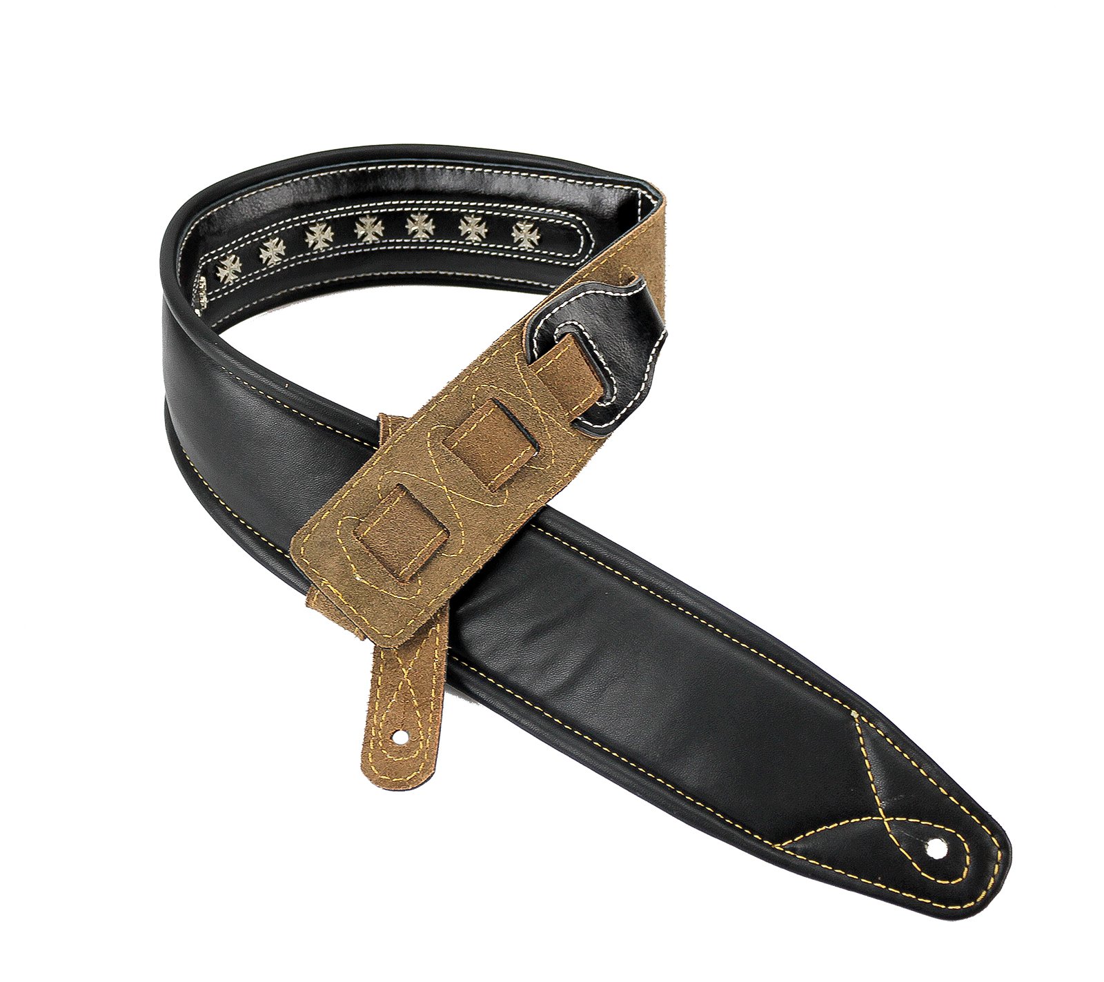 Walker & Williams C-35-BLK Smooth Texture Premium Black Full Grain Leather Soft Padded Guitar Strap with Metal Crosses For Acoustic, Electric, And Bass Guitars
