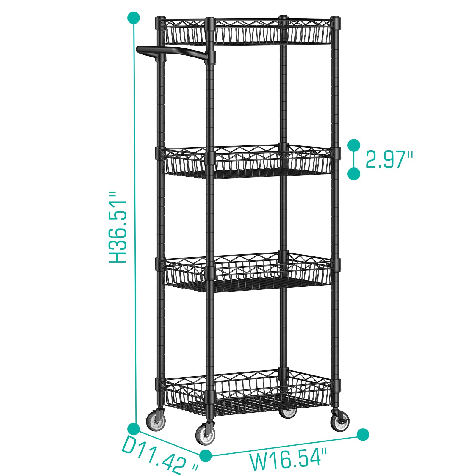 YASONIC 4-Tier Rolling Cart, Rolling Cart with Wheels, Rolling Cart Organizer with Handle, Metal Rolling Cart, Multifunctional Rolling Storage Cart, Kitchen Storage Cart, Black