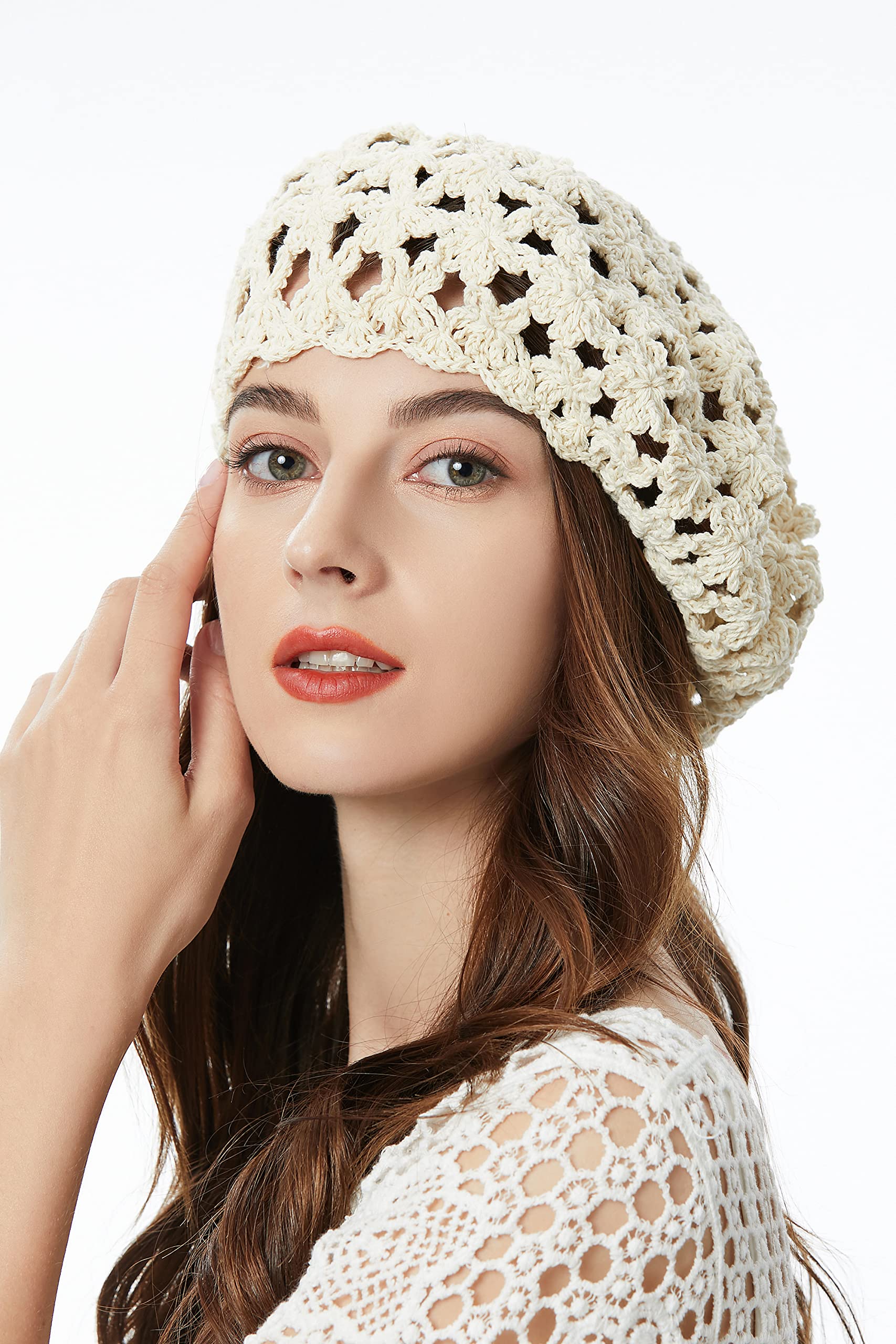 ZLYC Women Cotton Slouchy Crochet Beret Handmade Cutout Floral Beanie Hat (Beige)