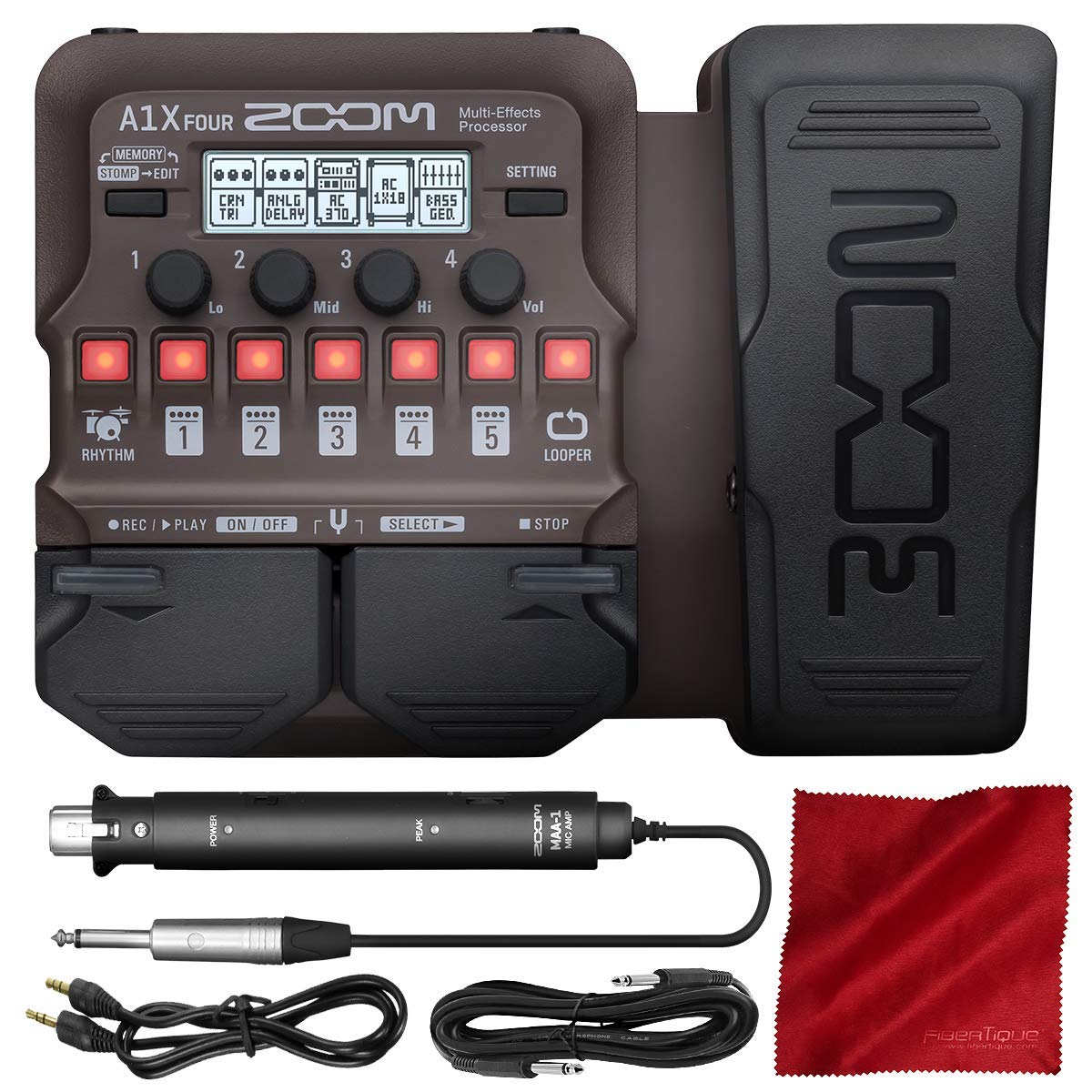 Zoom A1X FOUR Acoustic Instrument Multi-Effect Processor with Expression Pedal for Acoustic Guitar, Saxophone, Trumpet, Violin, Harmonica or Acoustic Bass + Basic Bundle Cables & Fibertique Cloth