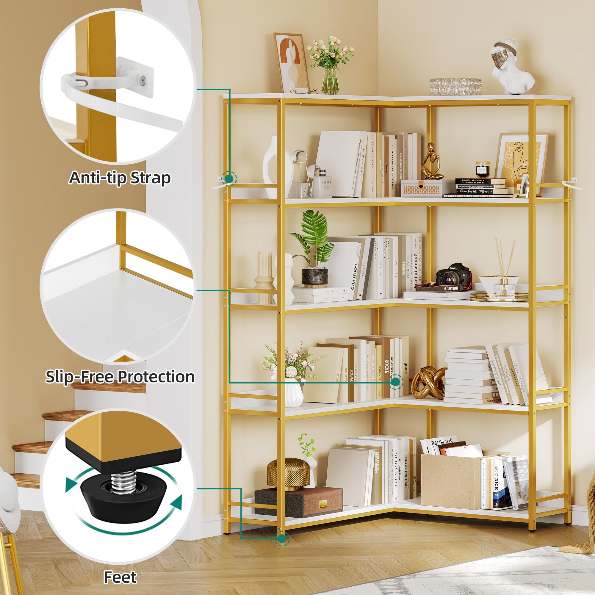 YITAHOME 5 Shelf Bookcase Large Gold Bookshelf, 5 Tier Open Corner Bookshelf, 71" Tall Modern Display Rack Storage Shelves for Living Room, Bedroom, Home Office, Kitchen, White & Gold
