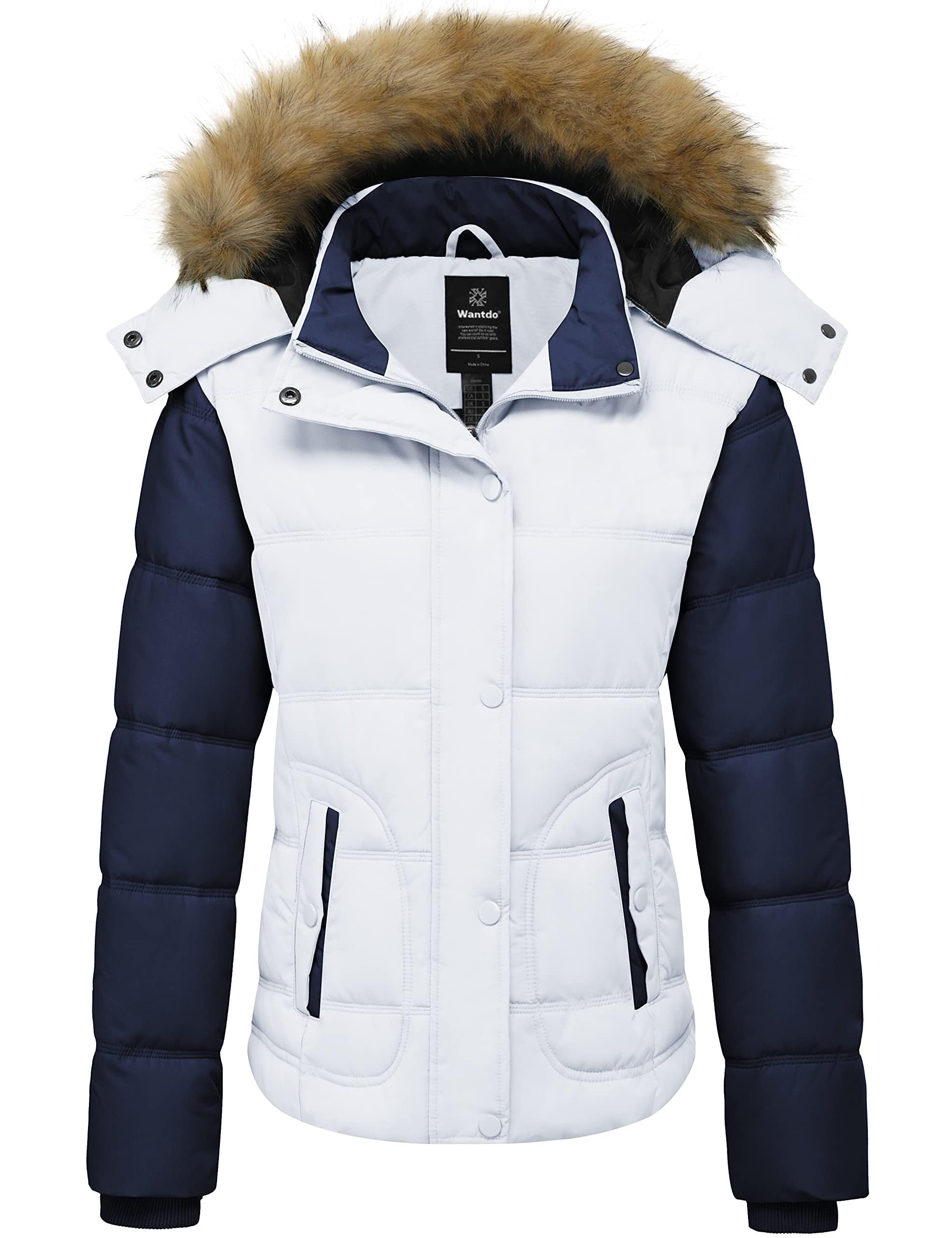 wantdo Women's Insulated Puffer Jacket Warm Heavy Insulated Coat (White & Navy, Medium)