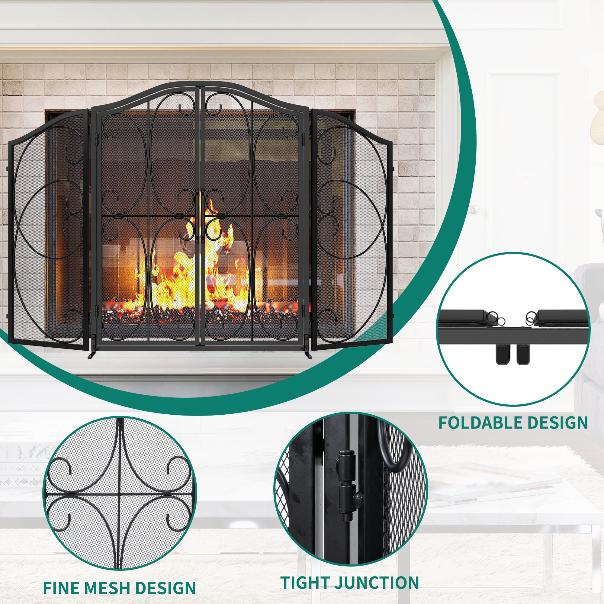 YITAHOME Fireplace Screen with Doors for Wood Burning Fireplace,43x33in Heavy Duty Wrought Iron Bronze Fireplace Screens Decorative Spark Guard Safety Protector Fireguard Panel for The Living Room