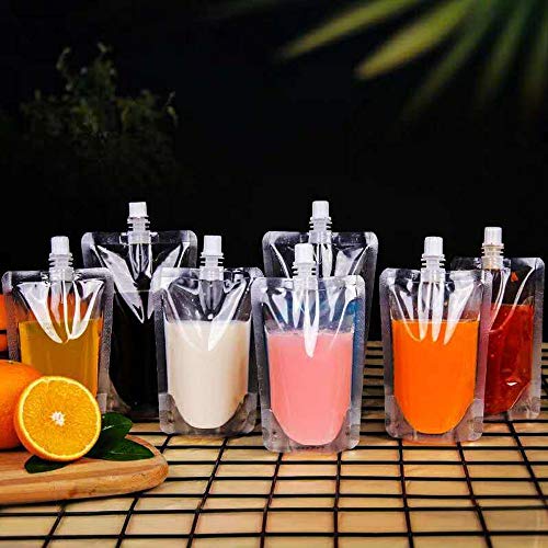 VEIREN 50 Pack Plastic Spout Pouches Reusable Clear Stand Up Concealable Liquid Drinking Flasks Portable Wine Liquor Milk Beverage Jelly Coffee Water Bag for Home Travel Party Wedding Supplies, 200ml
