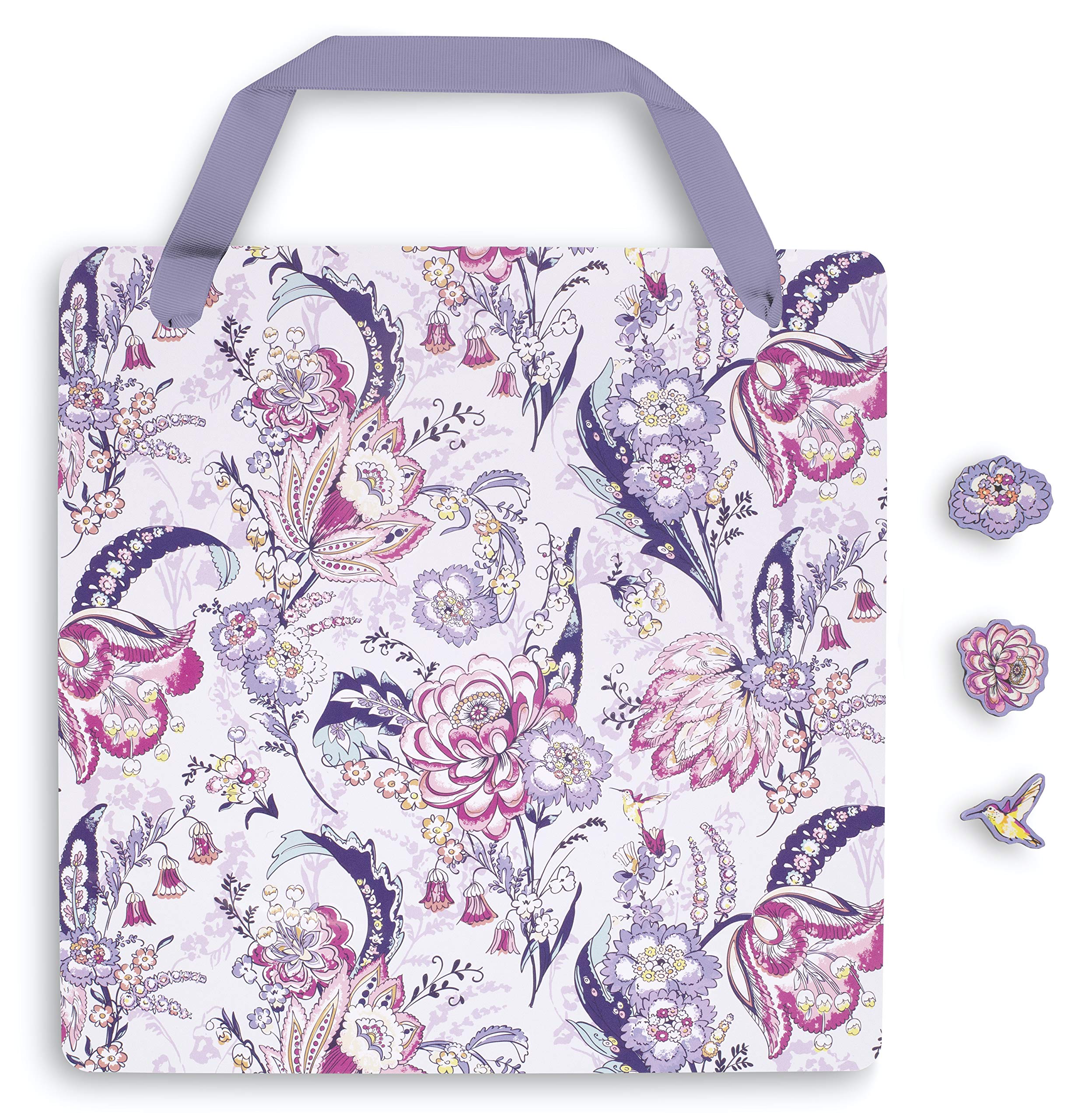 Vera Bradley Hanging Pink Floral Magnetic Memo Board with 3 Shaped Magnets for Home/Office/Dorm/Kitchen, Hummingbird Park
