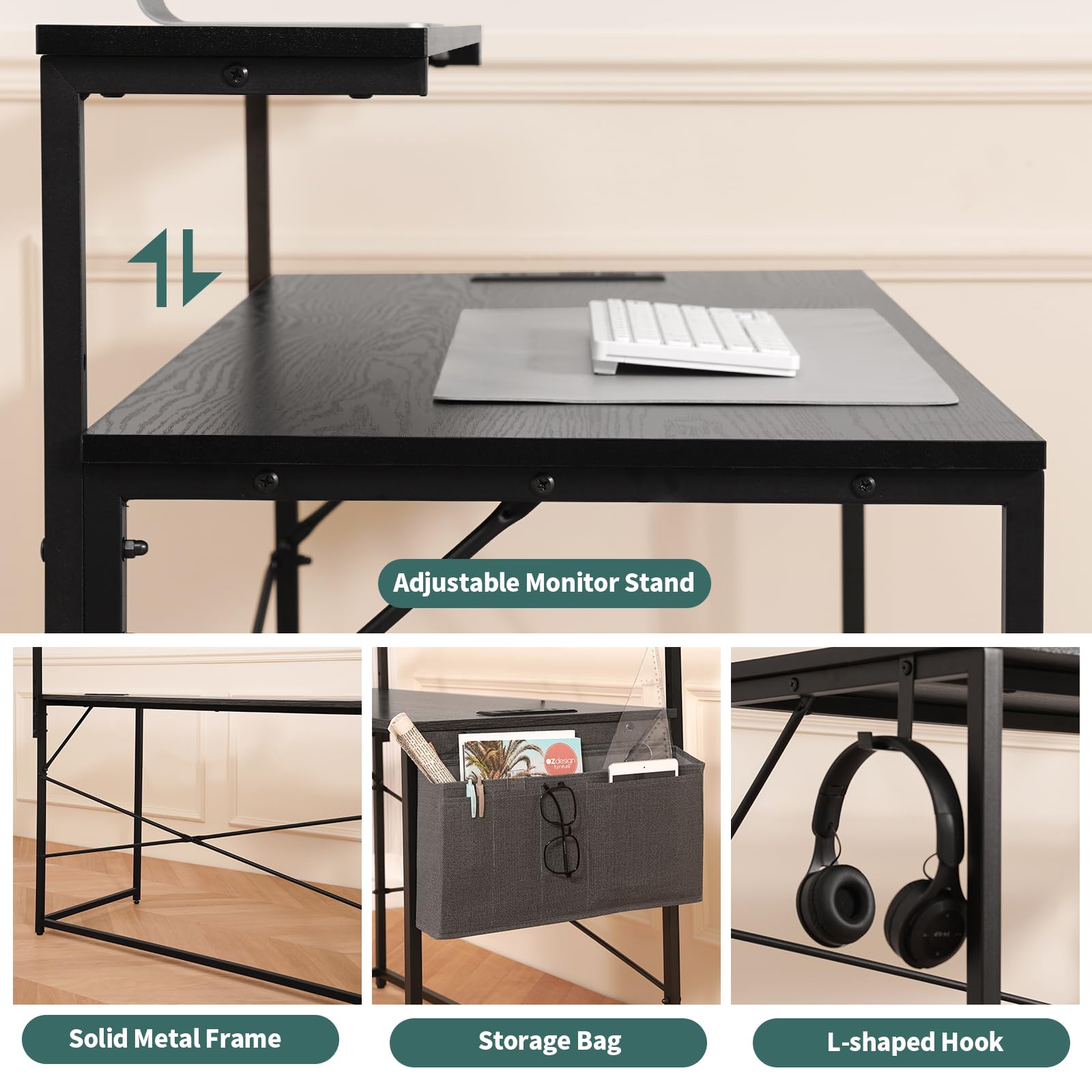 Yoobure Computer Desk with LED Lights, Adjustable Monitor Stand, Power Outlets, and Storage - 47" Home Office Desk