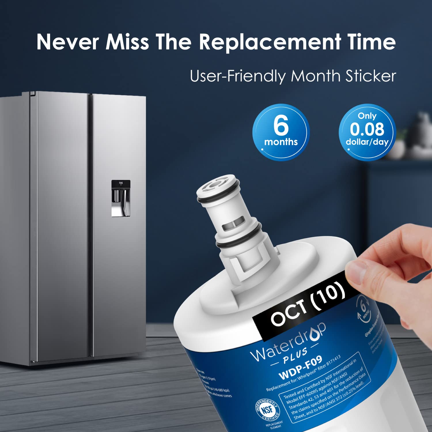 Waterdrop Plus 8171413 NSF 401 Certified Refrigerator Water Filter, 𝐑𝐞𝐝𝐮𝐜𝐞 𝐏𝐅𝐀𝐒, Replacement for Whirlpool® 8171413, 8171414, EDR8D1, Kenmore® 46-9002 (Package May Vary)