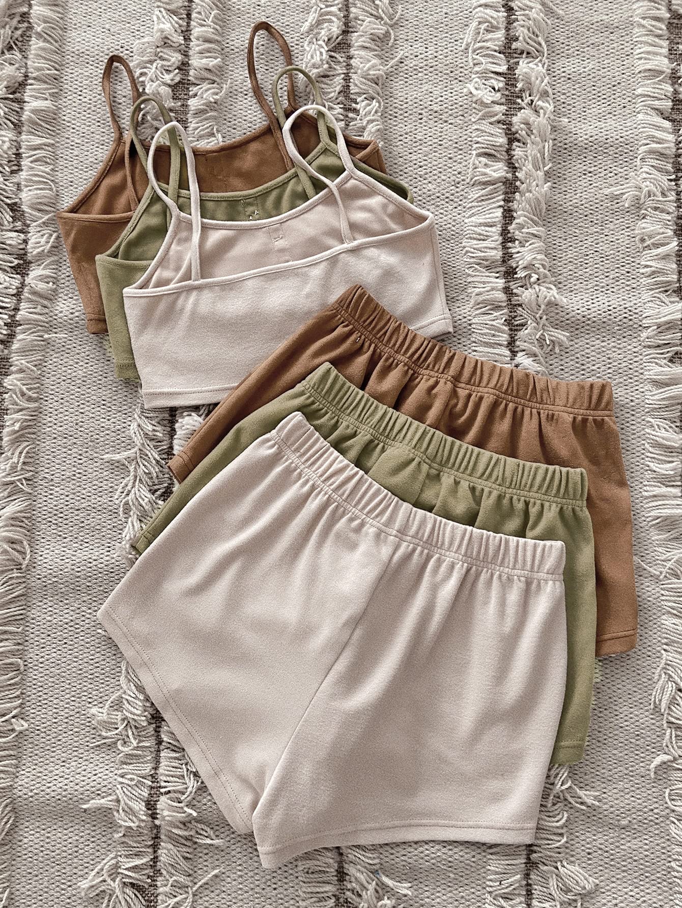Verdusa Women's 6 Pieces Outfits Lounge Set Sleepwear Button Front Cami Top & Shorts Brown Green Apricot M