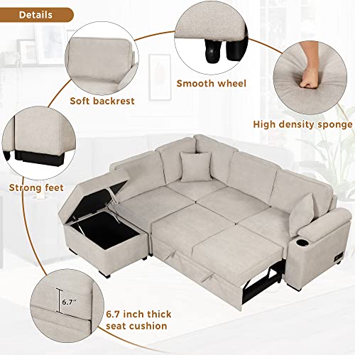Verfur 87.4" Reversible Sleeper Sofa Bed, 2 in 1 Convertible Pull Out Sofabed with Cupholder, L Shaped Corner Couch with Storage Ottoman for Living Room,Bedroom and Small Apartment