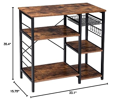 YMYNY Baker’s Rack, Coffee Bar Table Station, Microwave Oven Stand, Multifunctional Kitchen Organizer Workstation, Utility Storage Shelf Rack with 6 S-Hooks, Rustic Brown, 35.4*33.1*15.75 " UHTMJ021H