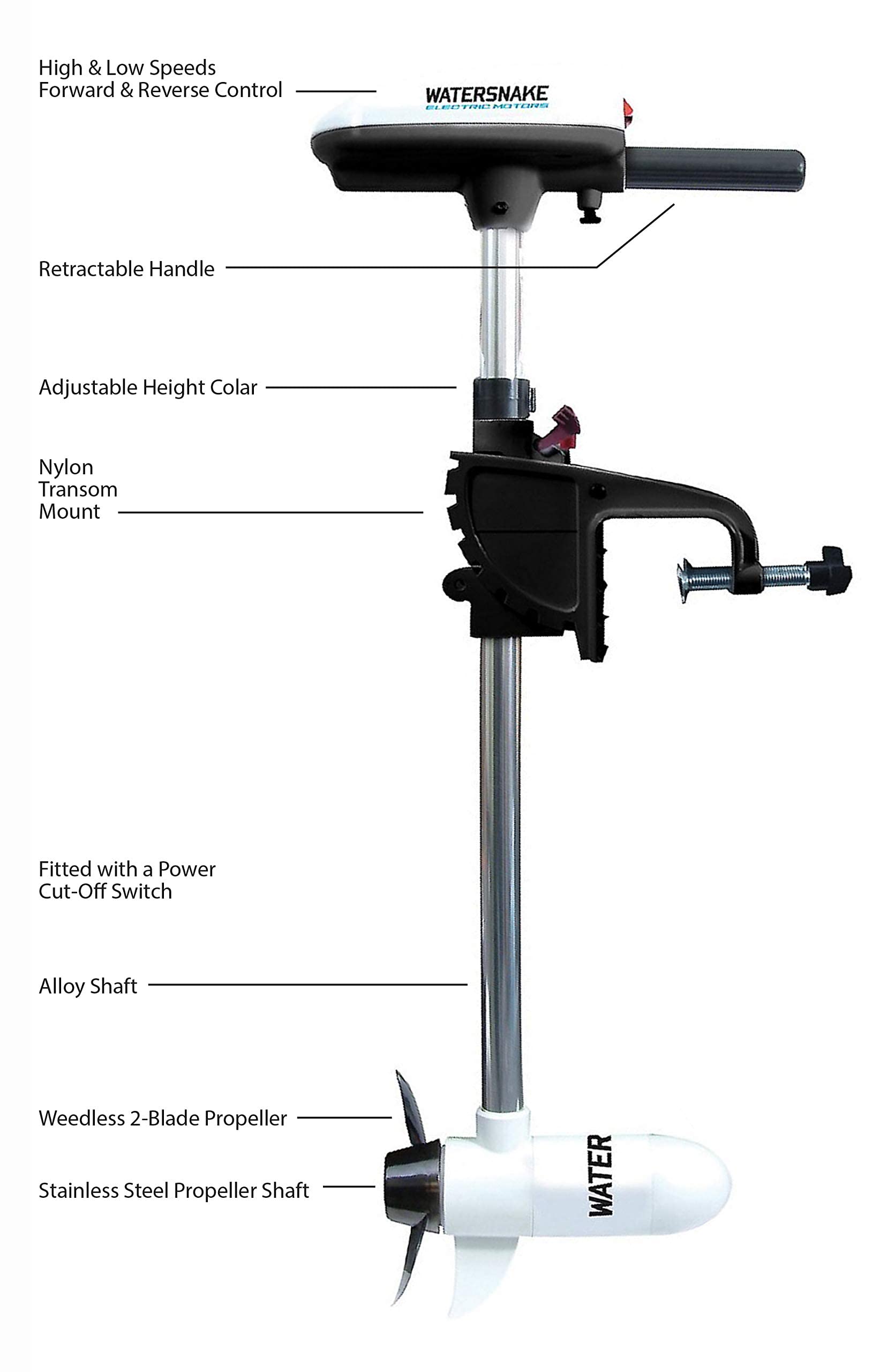 Watersnake T18 ASP - 18 Pound Thrust 12v Electric Saltwater Trolling Motor with Transom Mount