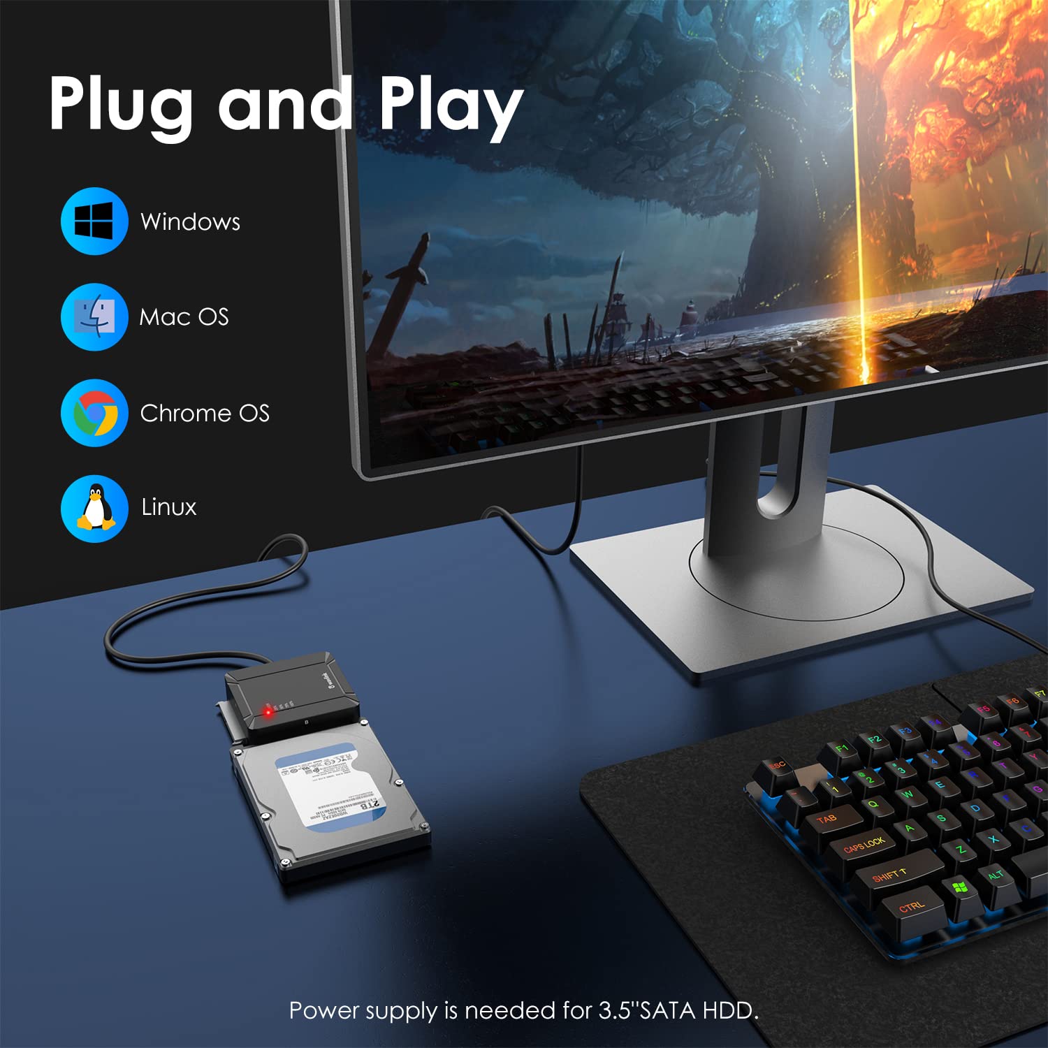WAVLINK USB 3.0 to Dual Bay SATA Adapter, External 2.5" 3.5'' SATA Hard Drive Connector with 2 USB3.0 Ports and Offline Cloning Function for Files Transfer & Backup (2x18 TB & UASP Supported)