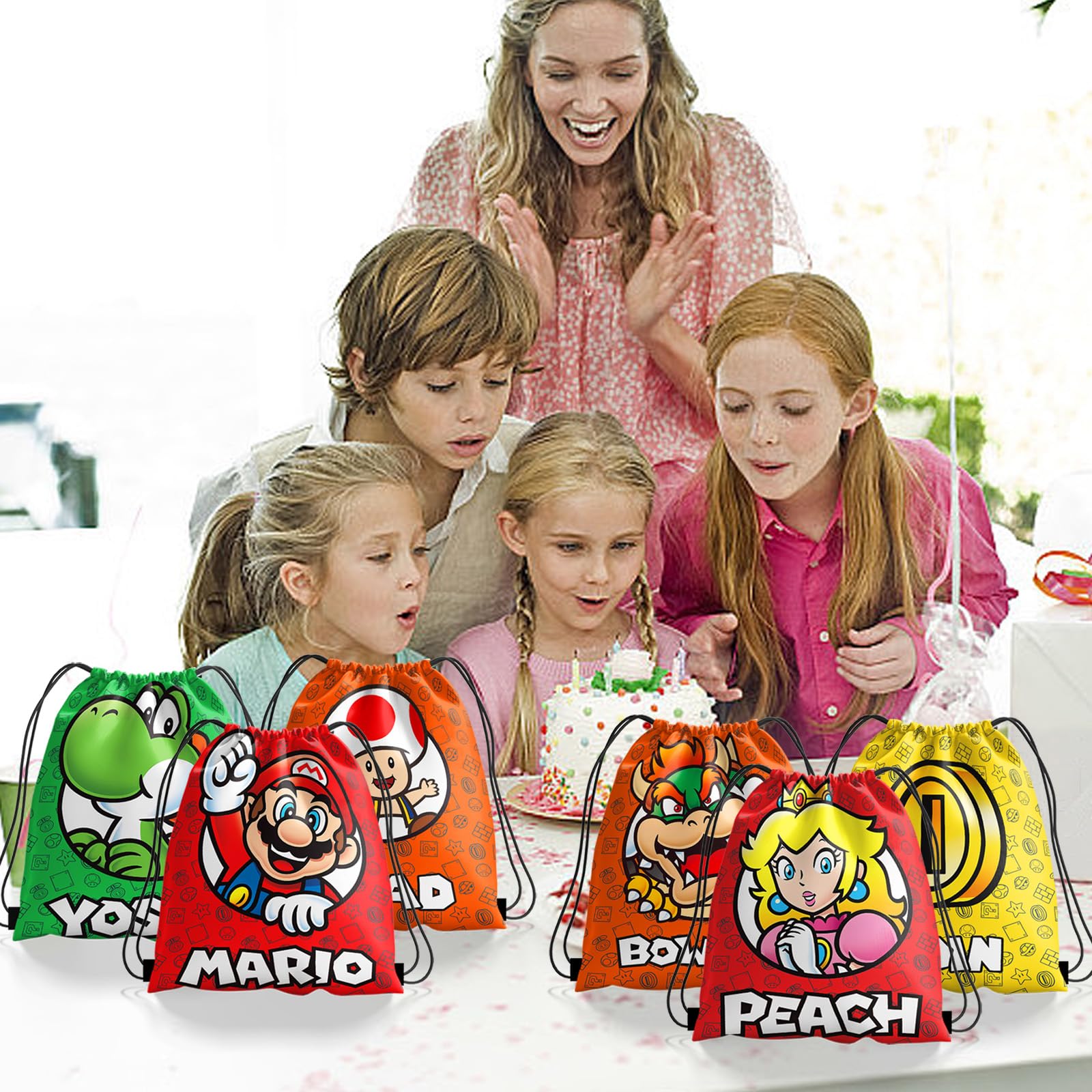 YOPENMOUNE 12 Pieces Mario Candy Drawstring Bag Drawstring Goodie Favor Bags for Boys and Girls Cartoon Birthday Party Decorations