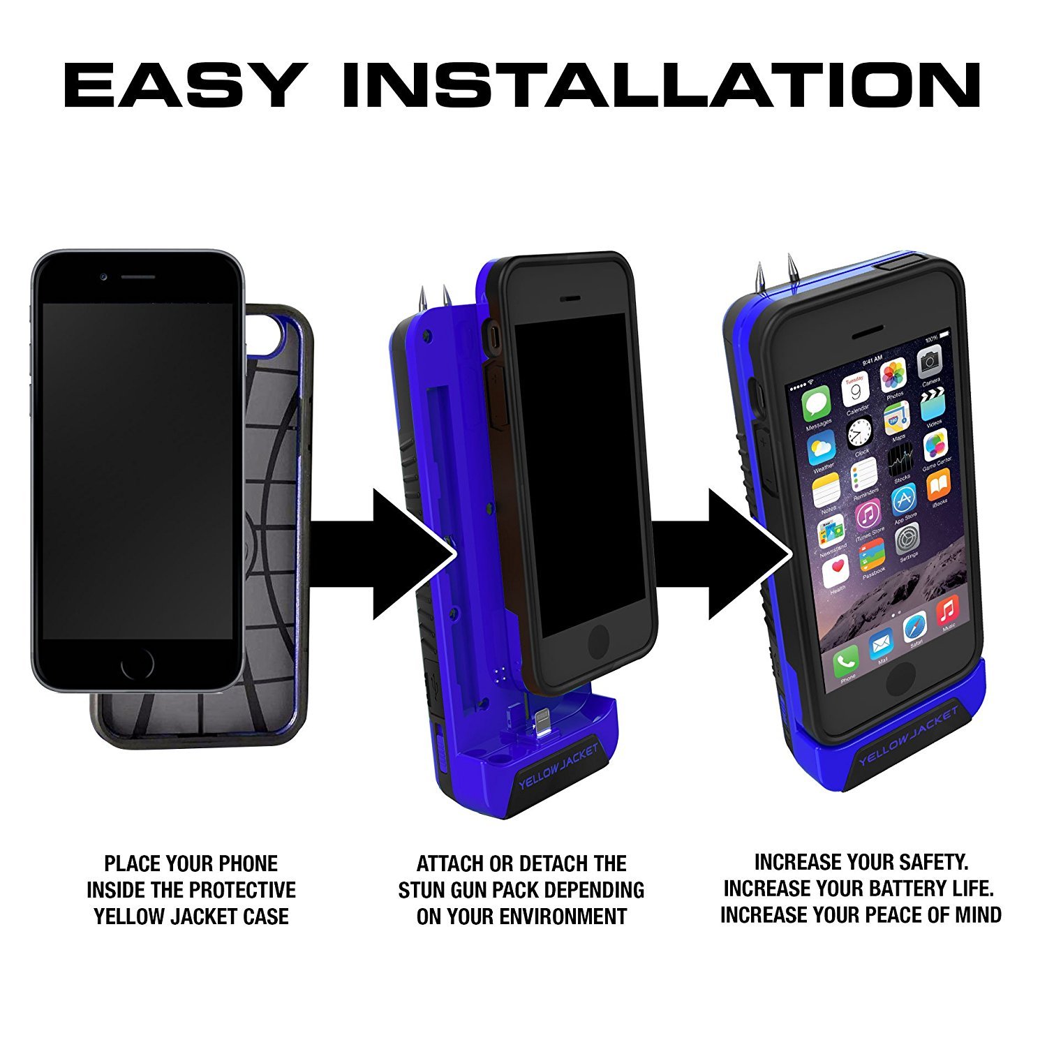 Yellow Jacket High-Powered Stun Gun + Protects, Recharges Your iPhone 7,7s,8,SE + Concealed Inside a Durable Water Resistant Case + Flexibility to Attach or Detach for Maximum Self Defense (Cobalt)