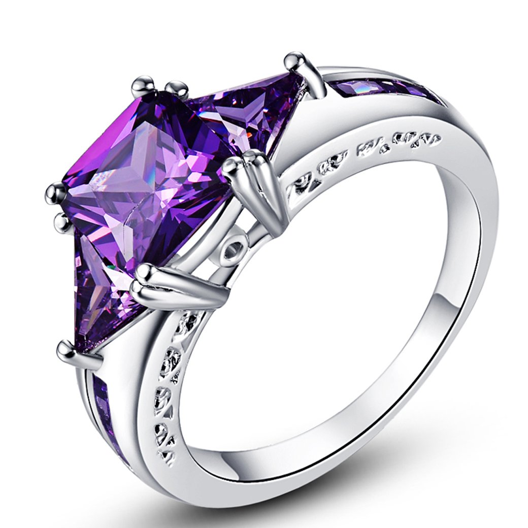 Veunora Silver Plated Princess Cut Created Amethyst Cubic Zirconia Filled Dainty Ring for Women Size 10