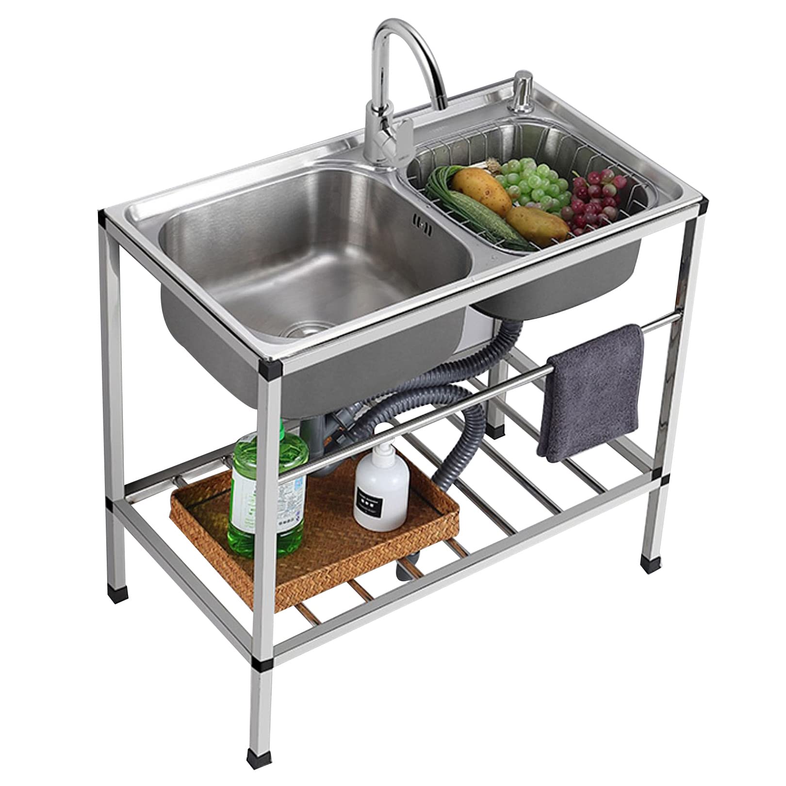 ZILZAL Simple Kitchen Sink Commercial Sink 2 Compartment Free Standing Utility Sink for Garage, Restaurant, Kitchen, Laundry Room