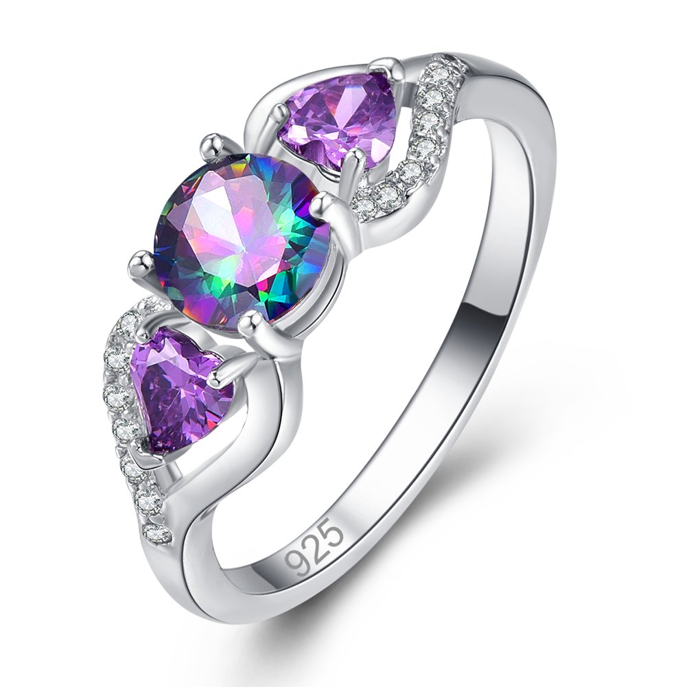 Veunora Silver Plated Created Rainbow Topaz Cubic Zirconia Filled Love Heart Ring Band for Women Size 7