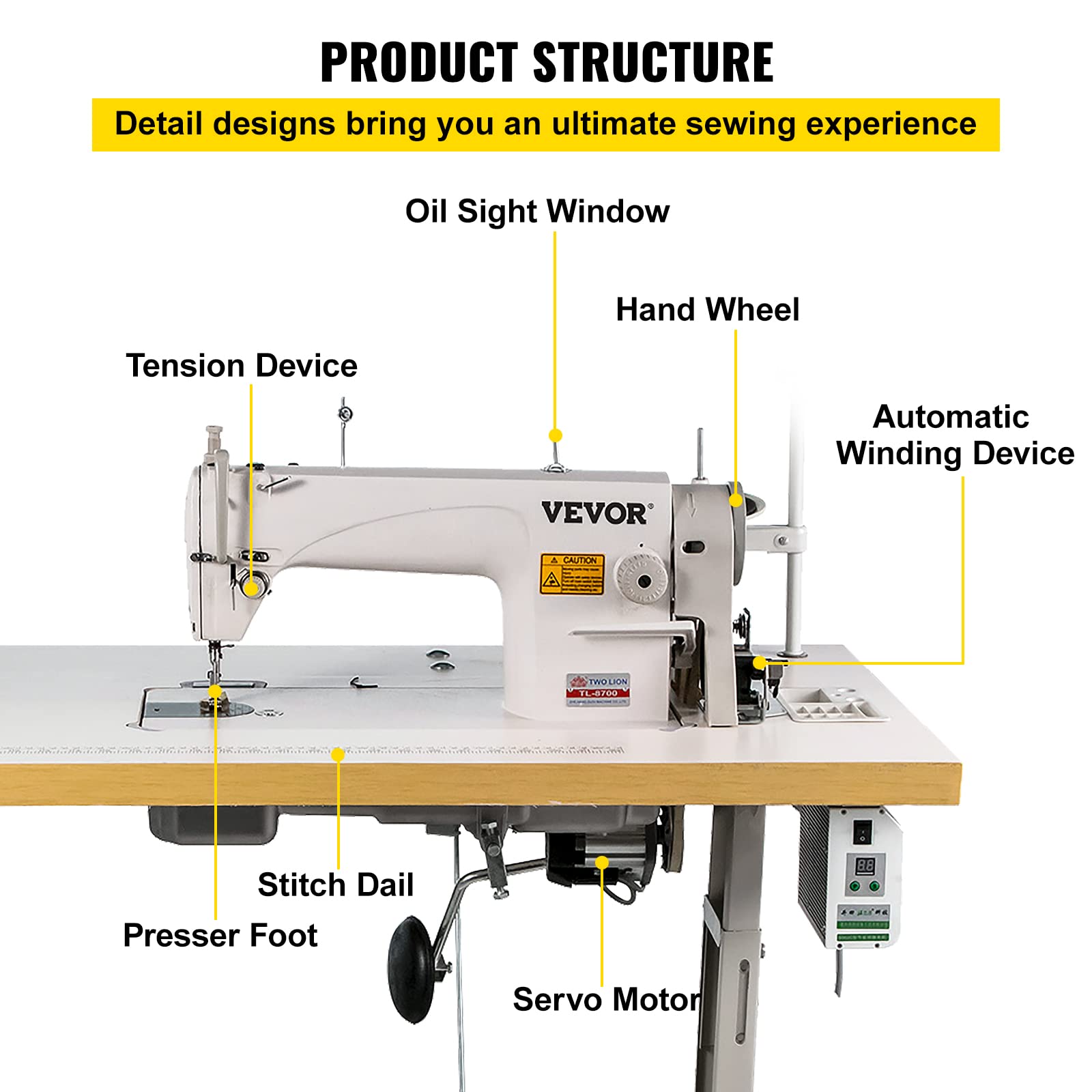 VEVOR Industrial Sewing Machine DDL8700 Lockstitch Sewing Machine with Servo Motor + Table Stand Commercial Grade Sewing Machine for Sewing