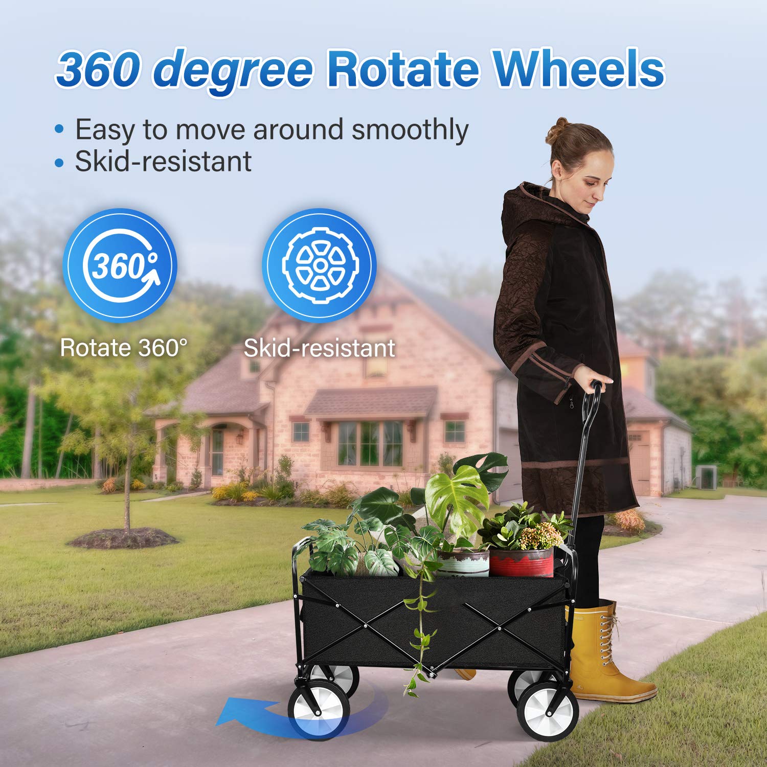 YSSOA Folding Garden Cart PRO, Collapsible Handy Wagon with 360 Degree Swivel Wheels & Adjustable Handle,220lbs Weight Capacity,Black