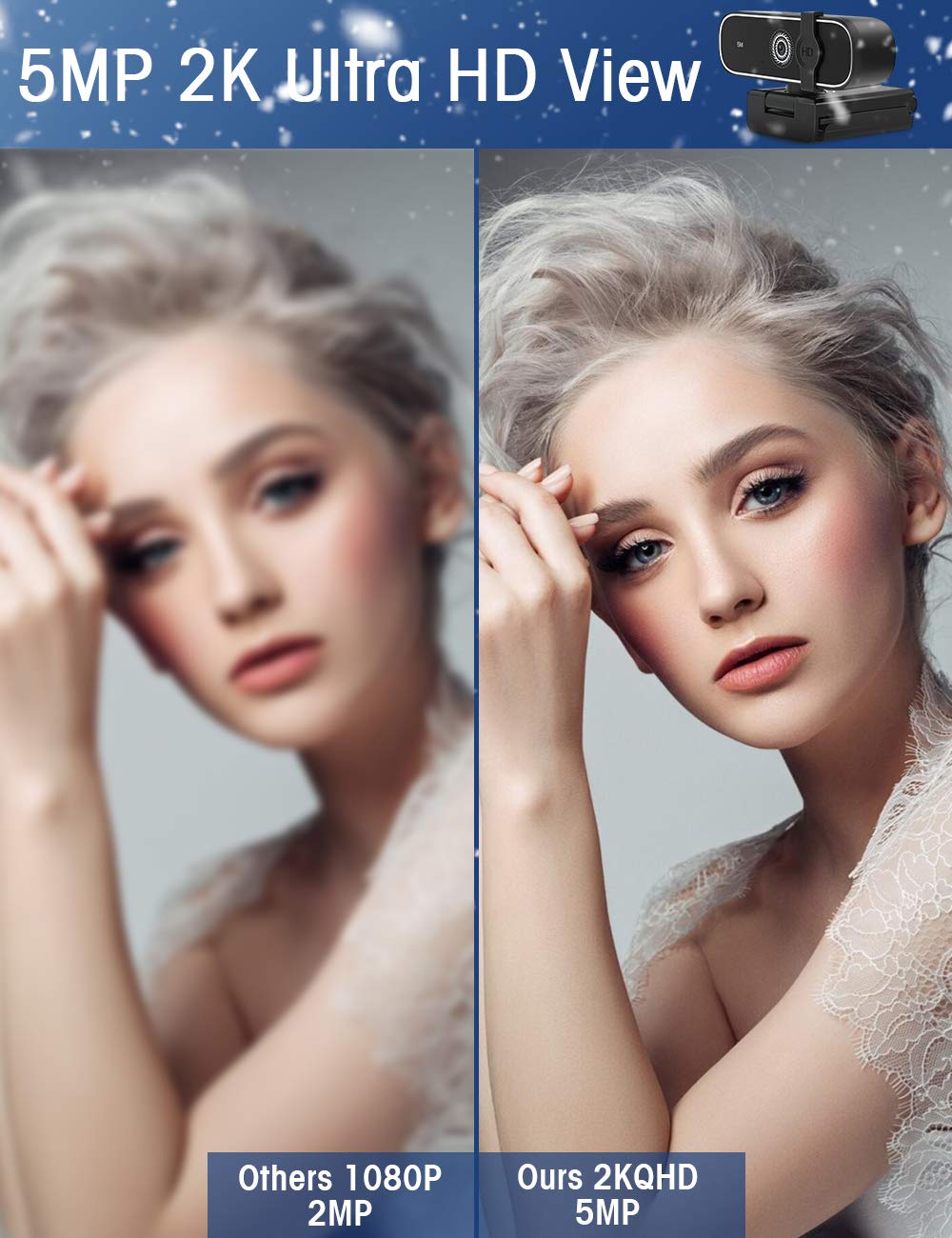 Webcam with Microphone, 2K HD Web Camera Streaming Webcam with Auto Light Correction, USB Computer Webcam for/Desktop/Laptop/PC Video Conferencing/Gaming/Zoom, Plug and Play