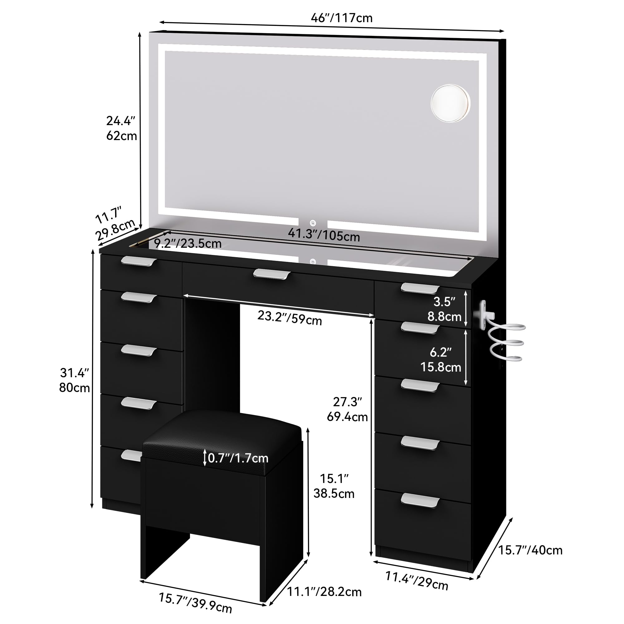 YITAHOME Vanity Desk Set with Large LED Lighted Mirror & Power Outlet, Glass Top Vanity with 11 Drawers and Magnifying Glass, 46'' Large Makeup Vanity with Storage Bench, Black Vanity for Bedroom