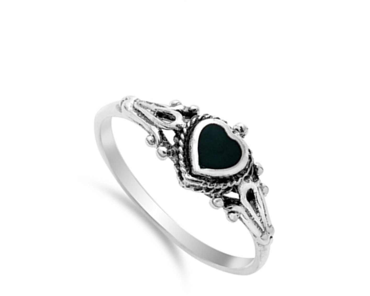 Vintage Heart Simulated Black Onyx Polished Ring New .925 Sterling Silver Band Size 5