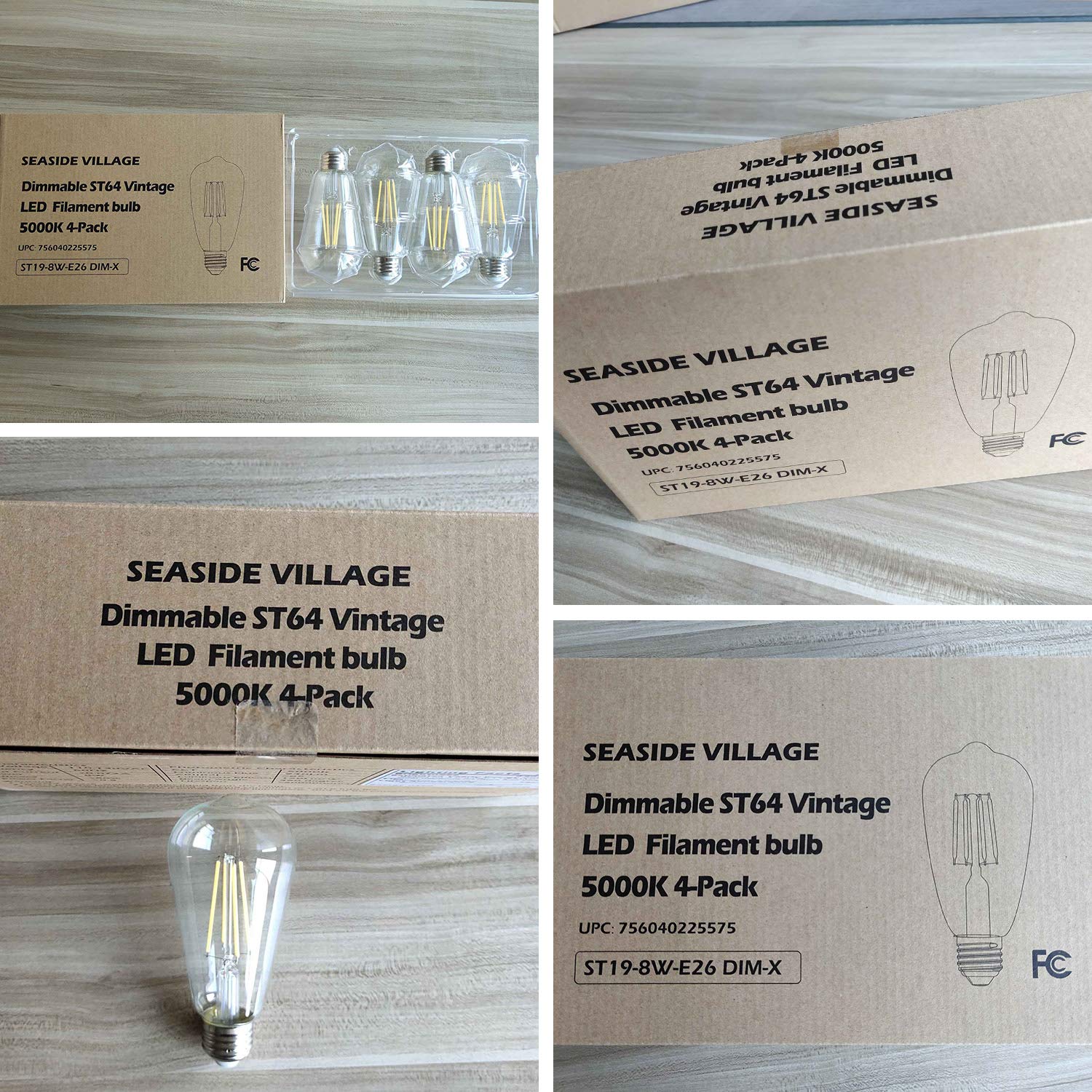 Vintage LED Edison Bulb, 8W Dimmable Filament Light Bulb, ST64 940 Lumen Daylight 5000K, 75W-100W Incandescent Equivalent,E26 Medium Base Squirrel Cage Antique Lamp, Pack of 4