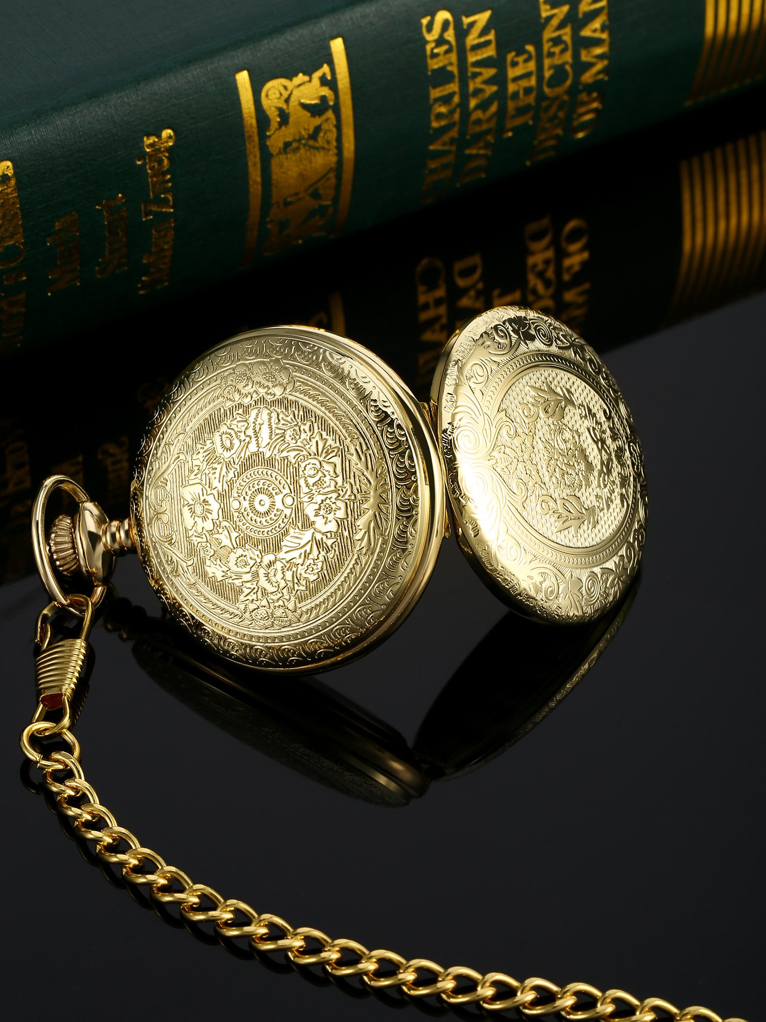 Vintage Pocket Watch Gold Steel Men Watch with Chain for Fathers Day Gift
