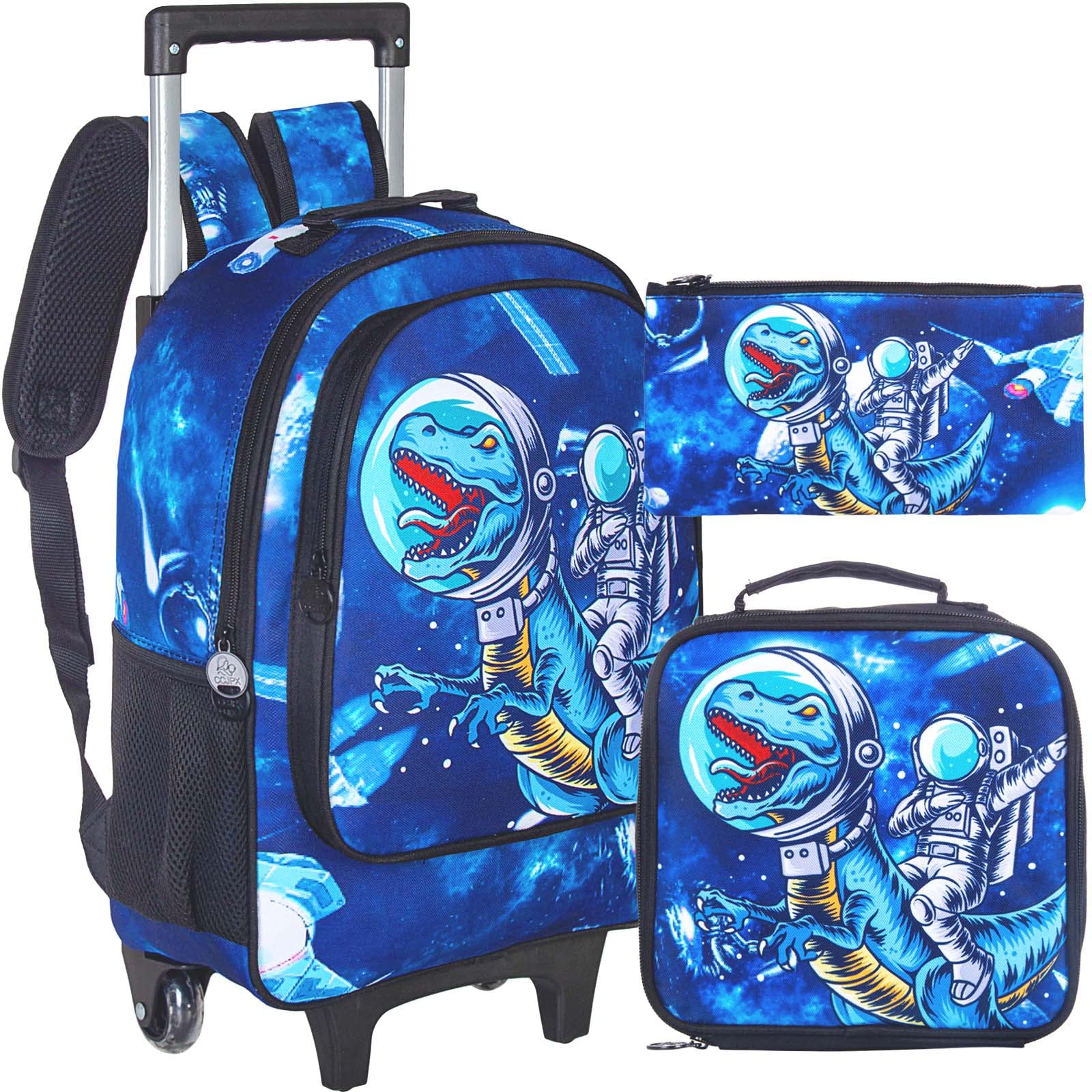 UFNDC 3PCS Kids Rolling Backpack, Dinosaur Wheeled Bookbag for Boys,Travel Roller School Bag with Wheels