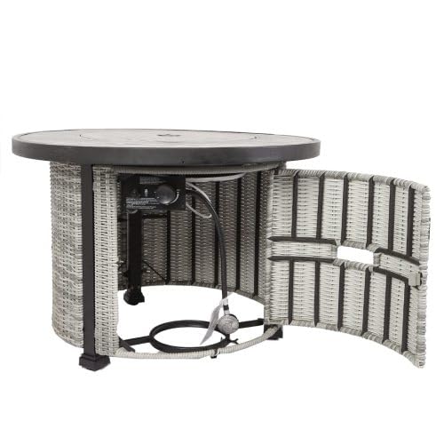 Wekity 36" Gas Propane Fire Pit Table, 50000 BTU Round Gas Fire Table with Lid & Lava Rock, Grey Rattan & Wicker Base, Outdoor Gas Firepit Table for Outside, Yard, Patio, Party, Garden (Grey)