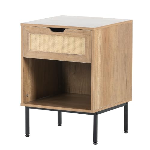 Wekity Nightstand Storage End Table with Rattan Door, Open Storage & Solid Metal Legs, Small Bedside Tables Mid Century Modern Side Tables Nightstand for Living Room Bedroom Small Spaces (Natural)