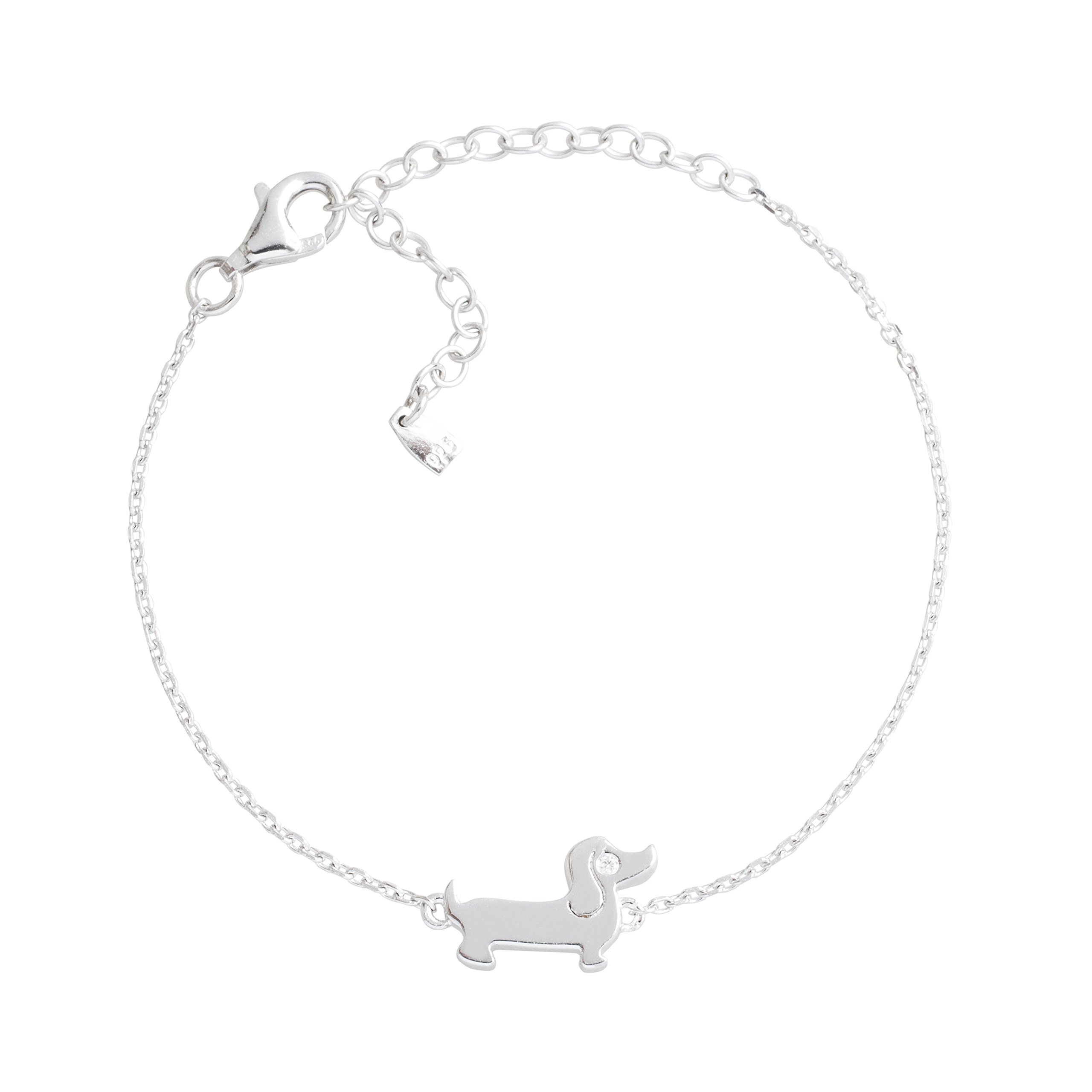 Vivid&Keith Womens Girls 925 Real Sterling Silver 18K Plated Swarovski Zirconia Cute Animal Dog Gift Fashion Jewelry Link Chain Charm Pendant Bangle Bracelet, Dachshund, White Gold Plated