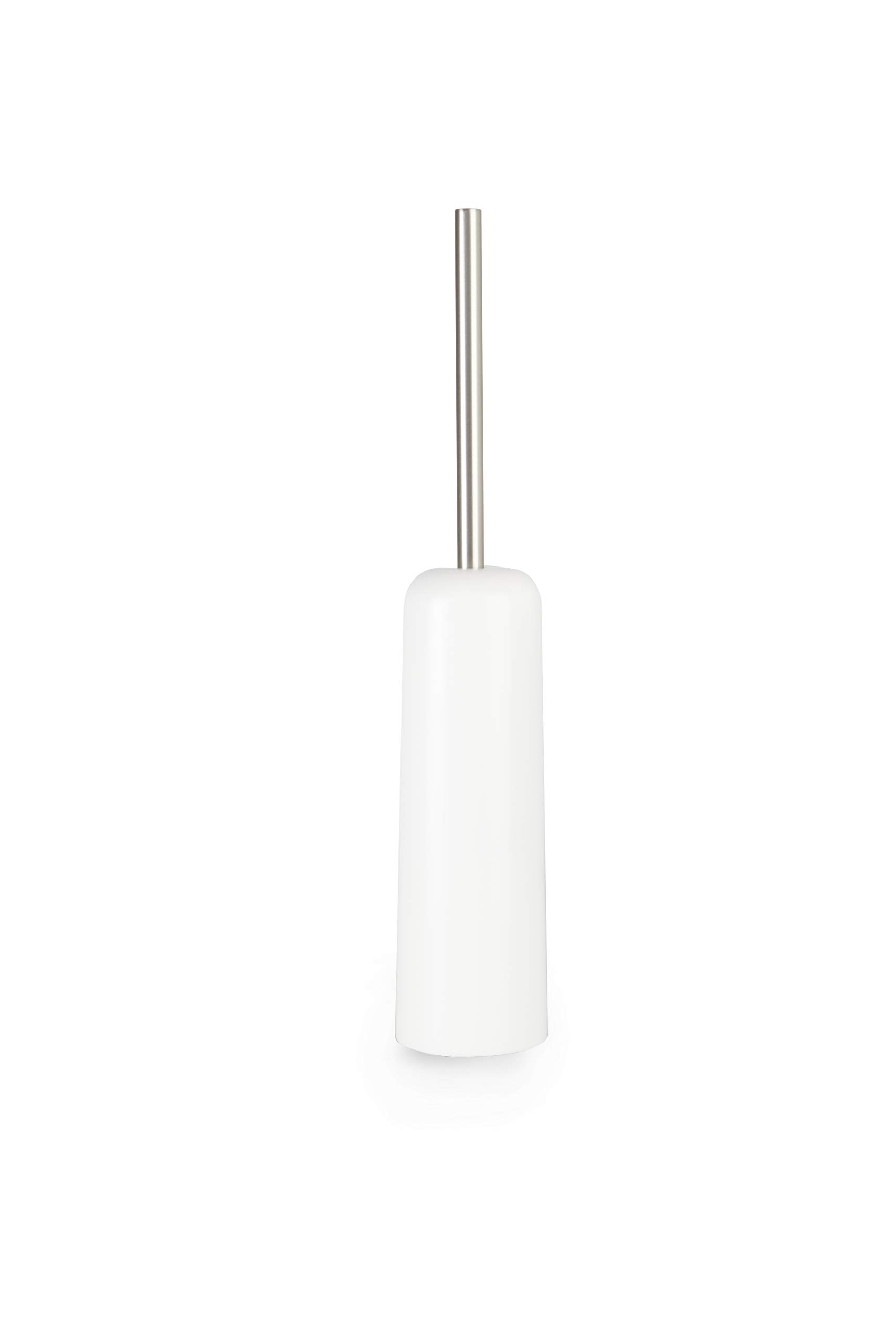 Umbra Touch Toilet Brush with Open Back Hideaway Holder โ Durable, Slim, Plastic & Metal Toilet Bowl Cleaner With Rubber Finish - Soft and Dense Brush Bristles โ Removes All Stubborn Stains, White