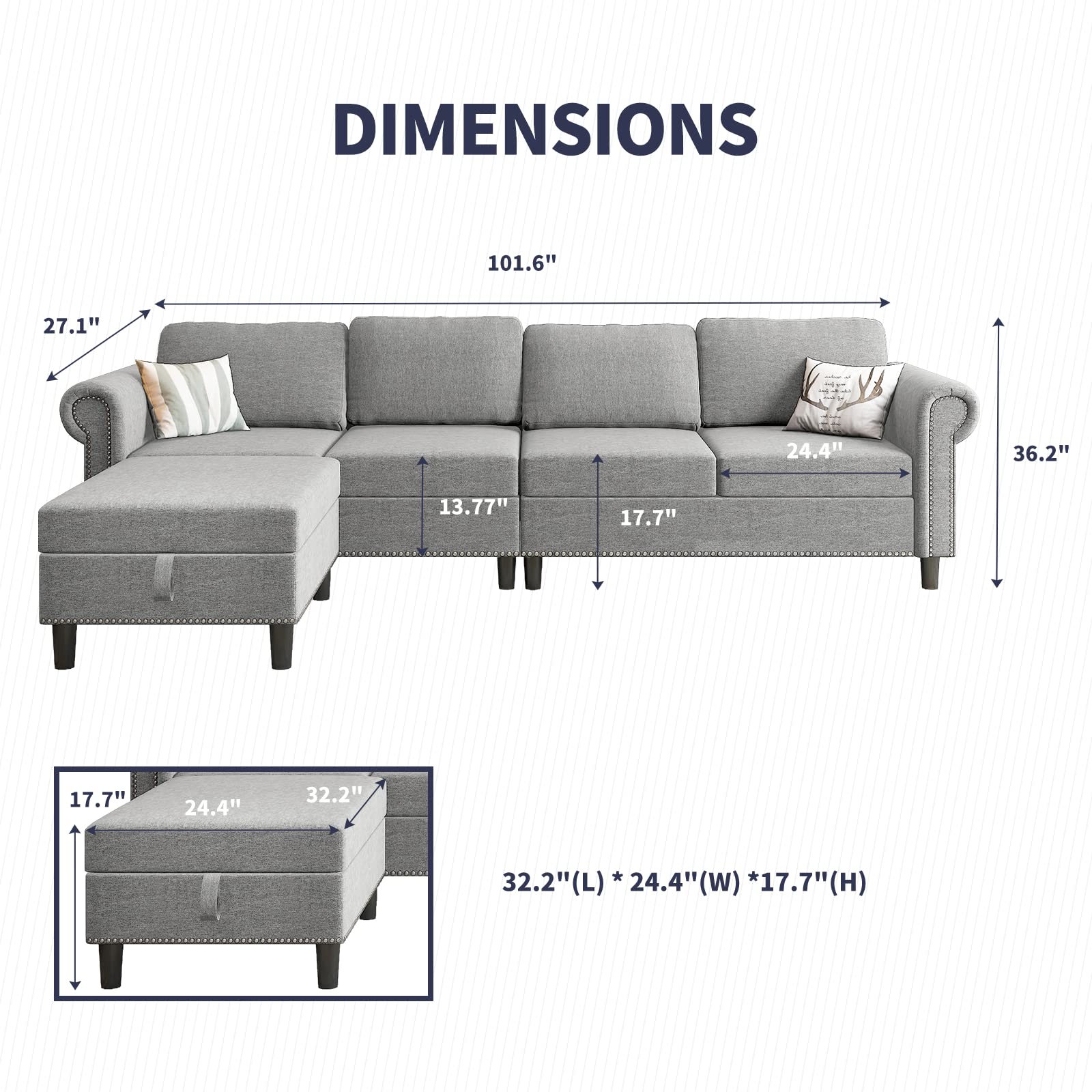 ZAFLY 102 Inch Oversized L Shaped Sofa with Reversible Storage Ottoman, 4-seat Sectional Couch with Footstool, Retro Design, Reversible Storage Chaise, Line Fabric Sofa for Living Room,Light Gray