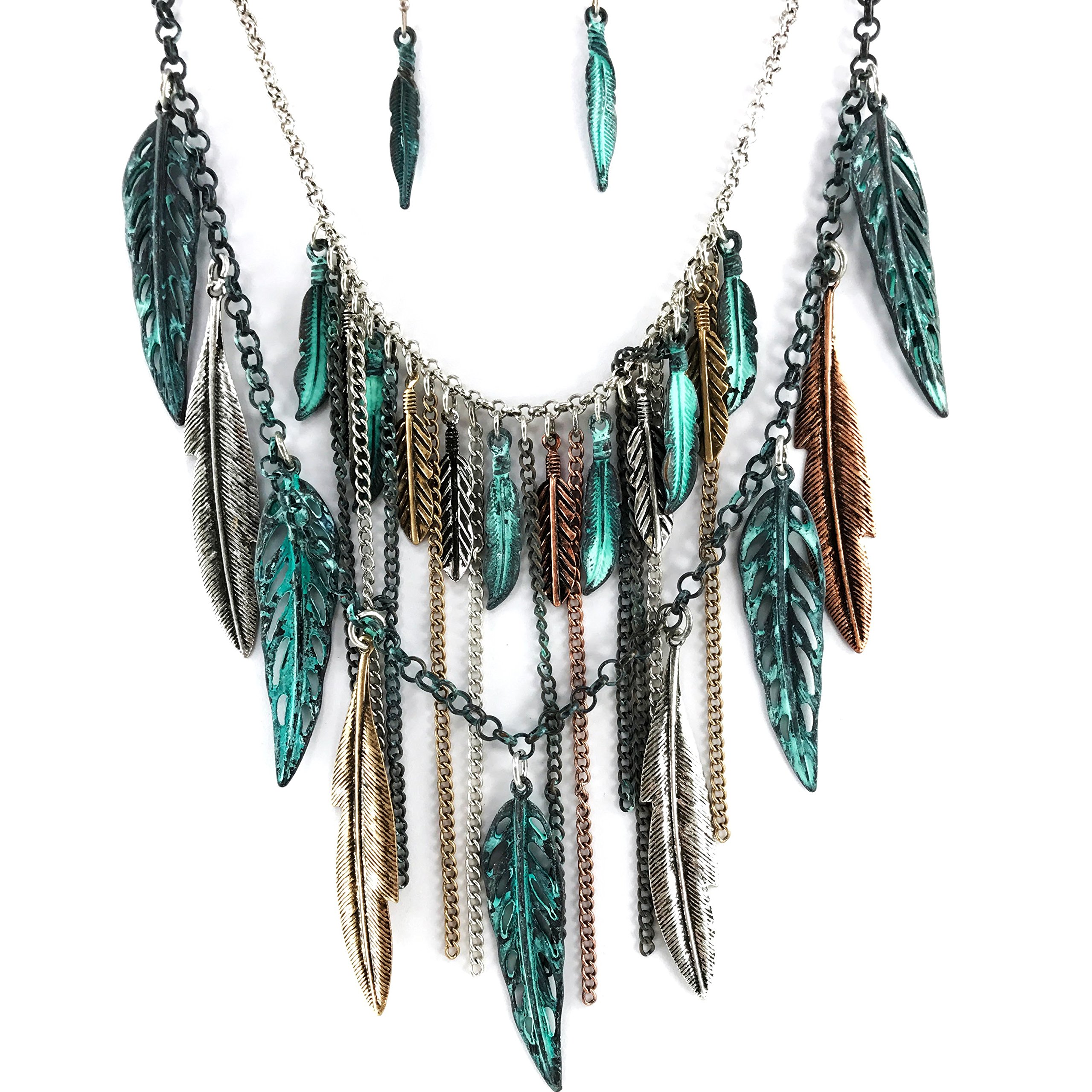 Western Peak Bohemian Tritone Tassels Metal Feathers Necklace with Earrings (Patina)