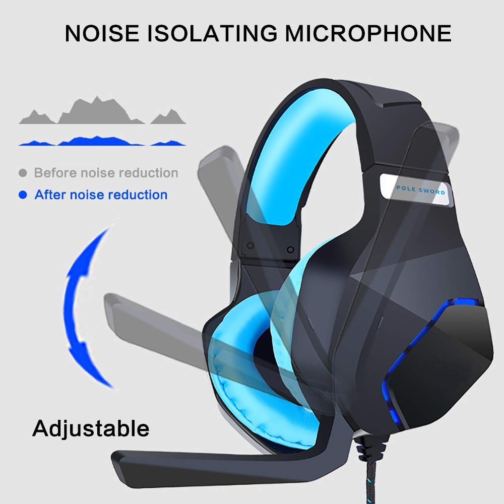 YSSHUI PC Gaming Headset for PS4 Xbox One, Onikuma 3.5mm Stereo USB LED Headphones with Omnidirectional Microphone, Volume Control for Computer Laptop Mac Playstation 4 Black + Blue