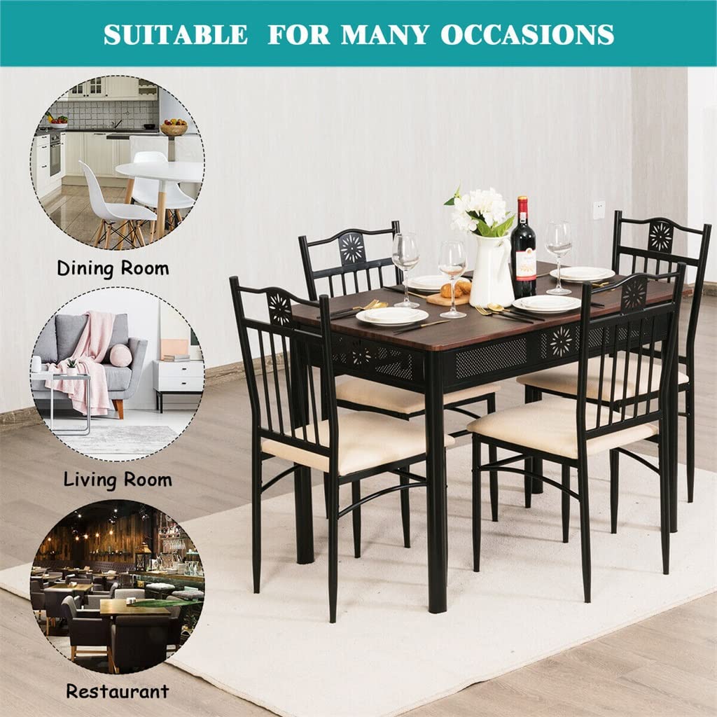 WFHTU 5 Piece Dining Set Wooden Metal Table and 4 Chairs Kitchen Breakfast Furniture