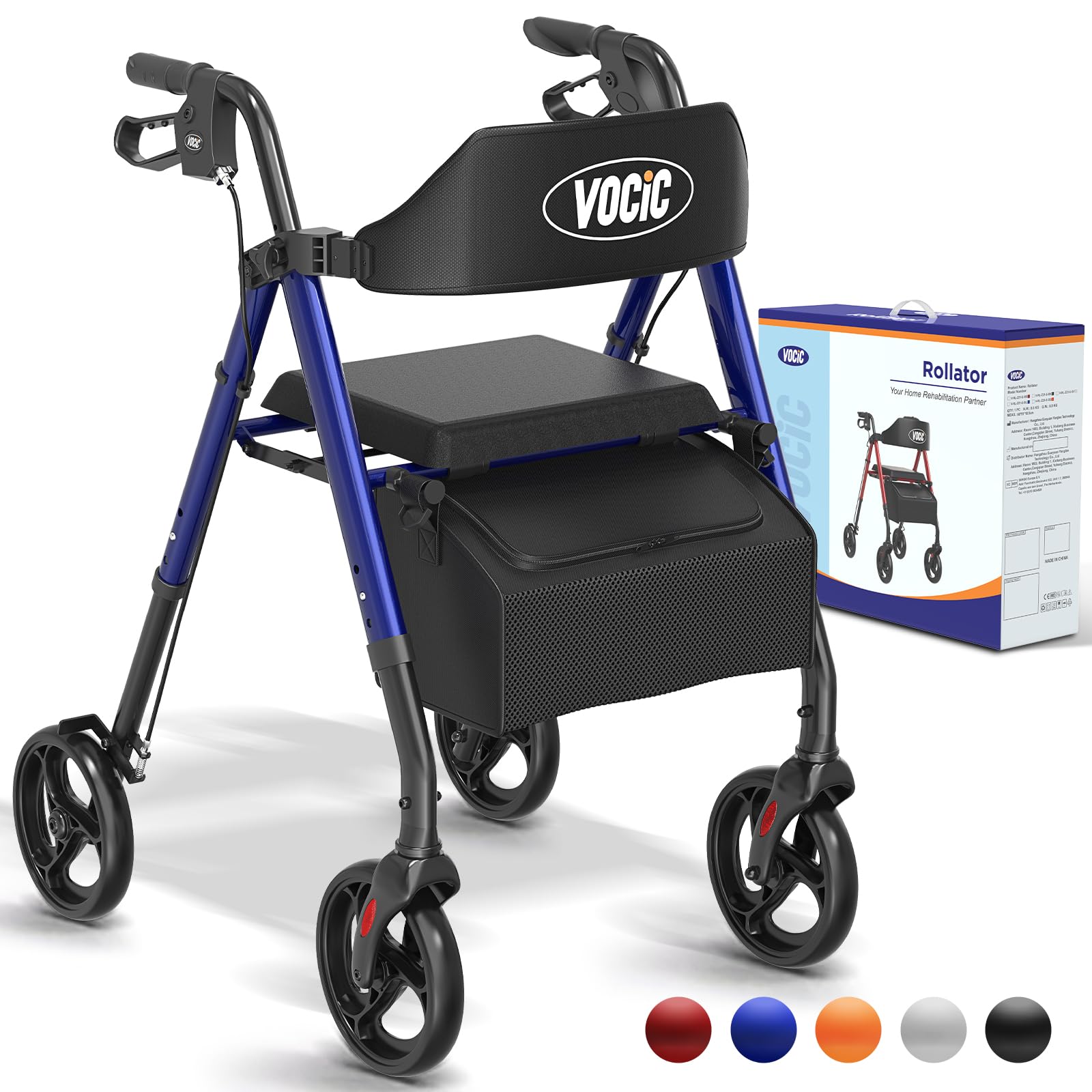 Walkers for Seniors with Seat, VOCIC Lightweight Iron-Aluminum Combination Rollator with Seat for Seniors,Folding Walker with 8" Wheels-Pashion Blue