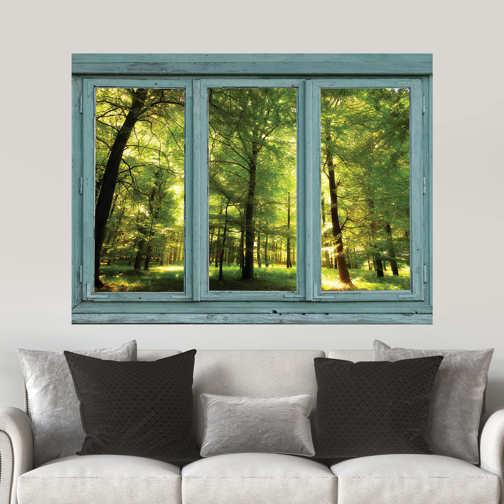 wall26 - Vintage Teal Window Looking Out Into a Green Forest and Sun Rays Peeking Through - Wall Mural, Removable Sticker, Home Decor - 36x48 inches