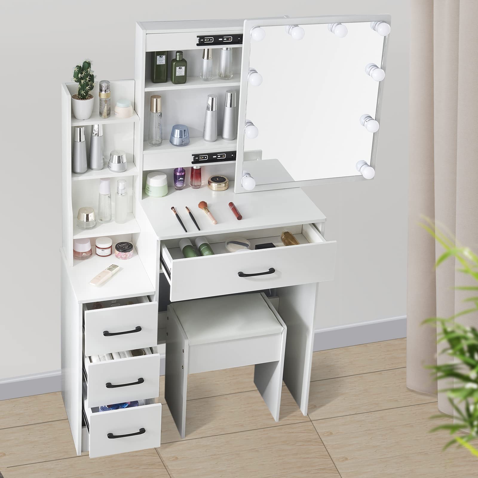 White Vanity Desk Set with Lighted Mirror, Makeup Vanity Table with 4 Drawers, Storage Stool for Bedroom, Bathroom