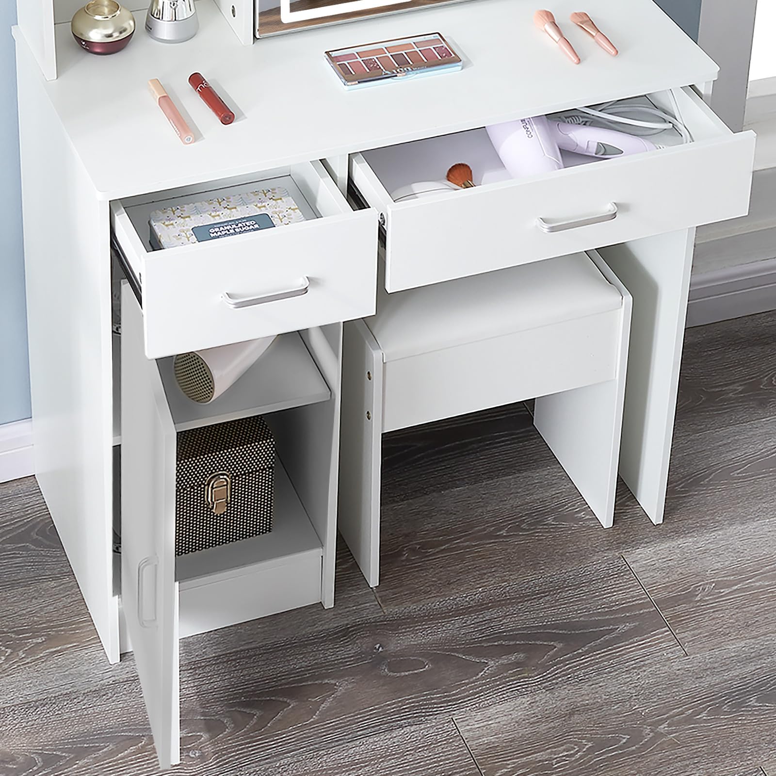 White Vanity Desk with Mirror and Lights, Makeup Vanity with Lights and Drawers, Modern Vanity Set with Stool & Storage Shelves, Dressing Table Bedroom Furniture, White