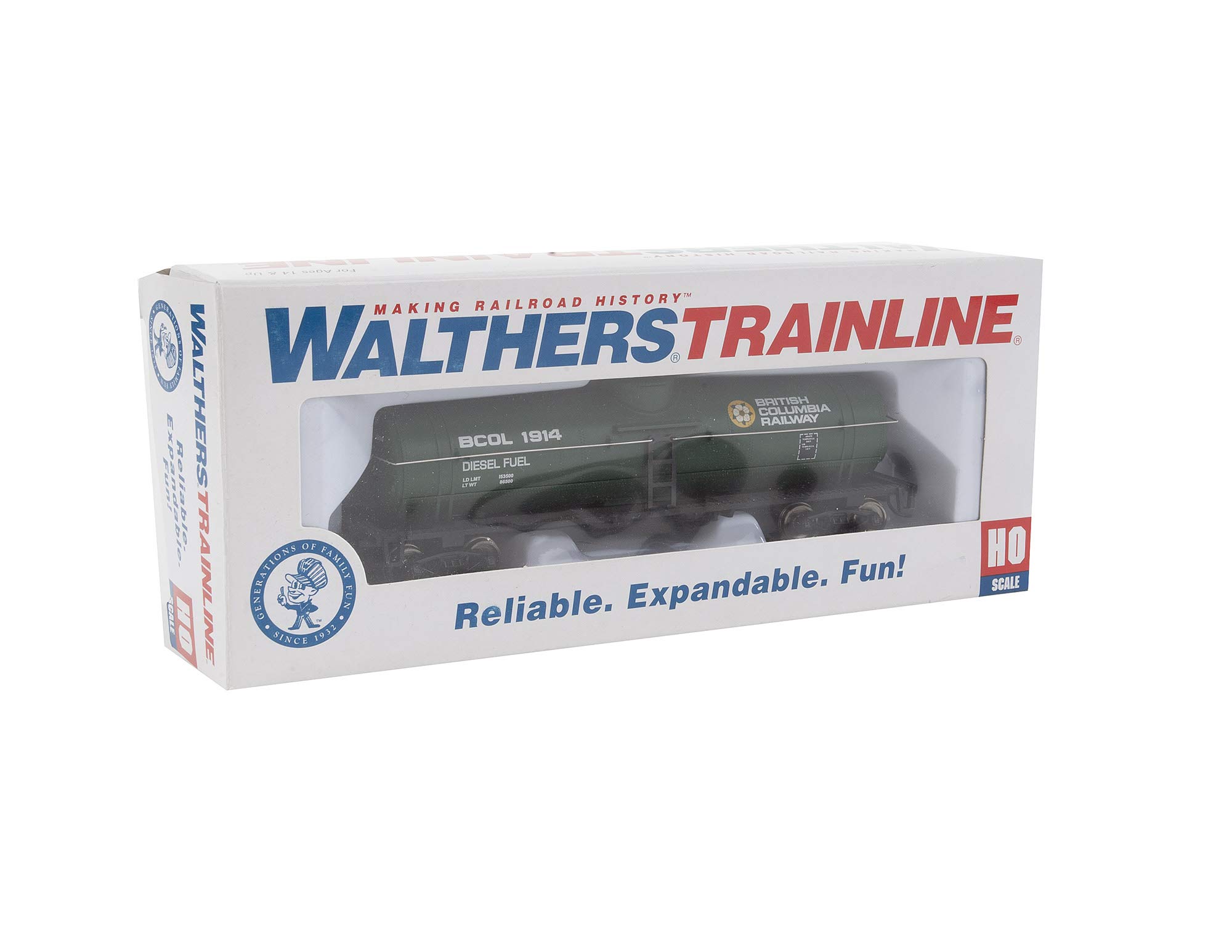 Walthers Trainline HO Scale Model British Columbia Railway Tank Car, Green/Yellow/White